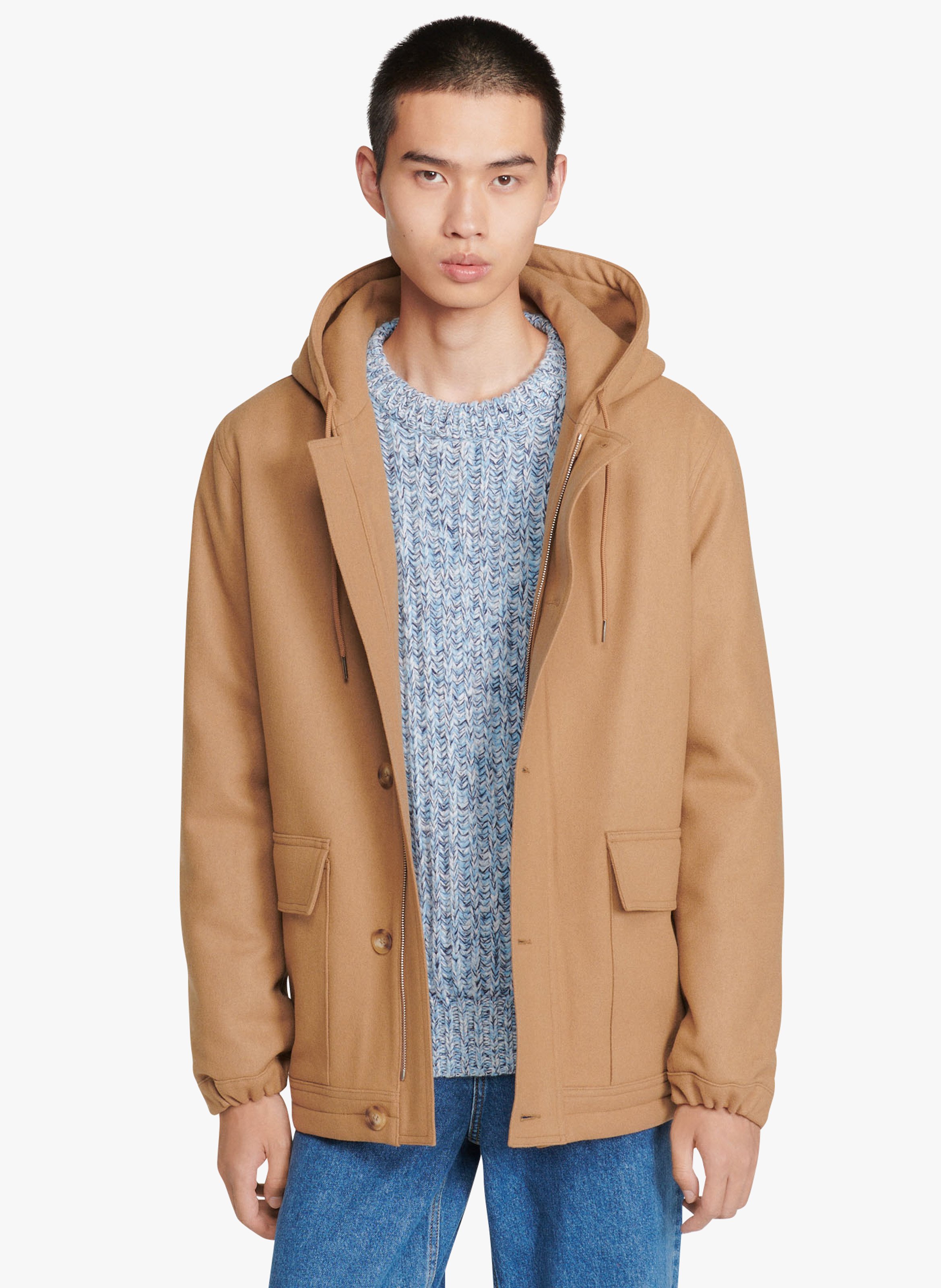 Hooded Wool Coat Camel Sandro - Men | Place des Tendances