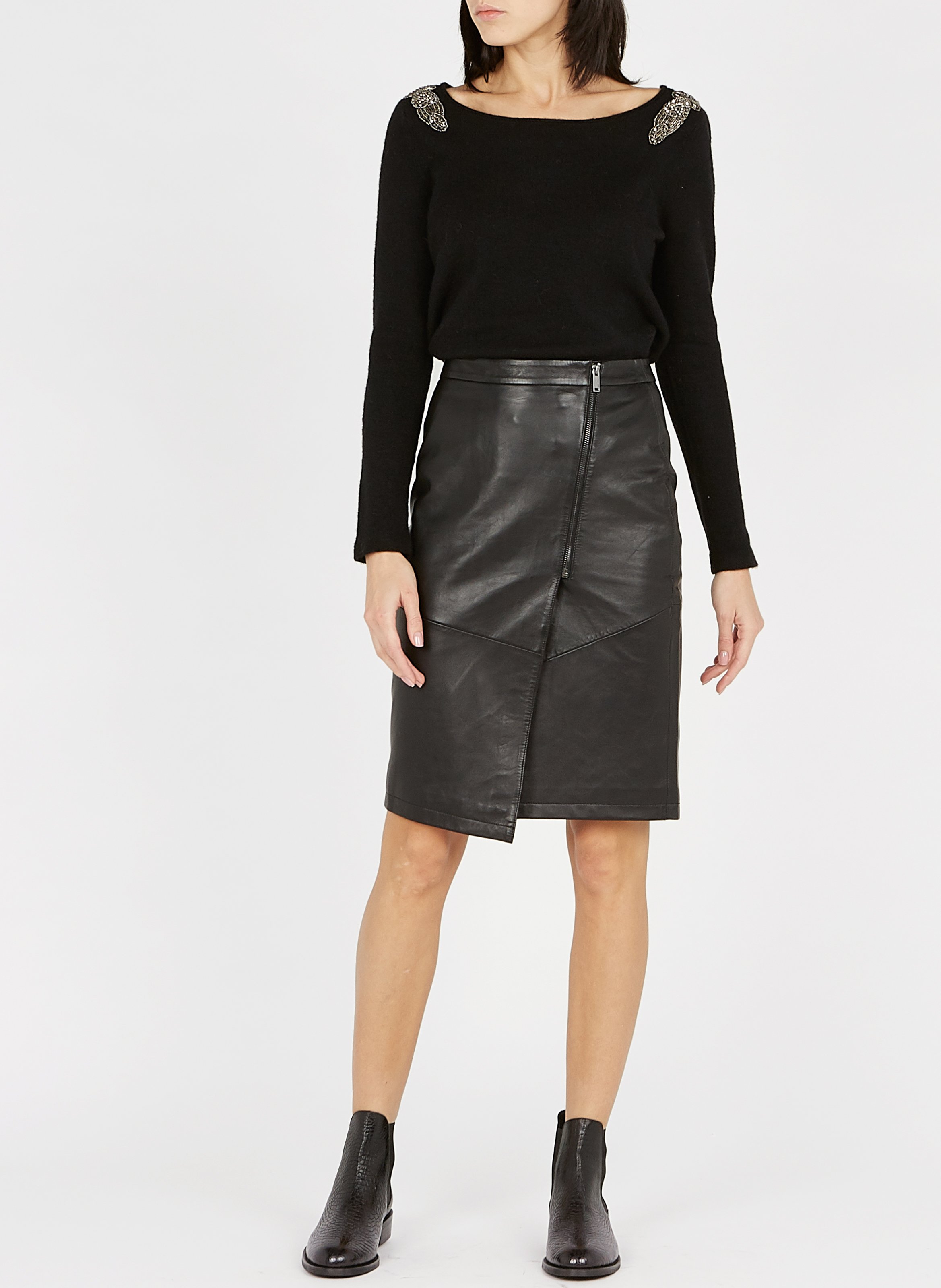 Jupe Courte Crayon En Cuir Noir Ikks Femme Place Des Tendances
