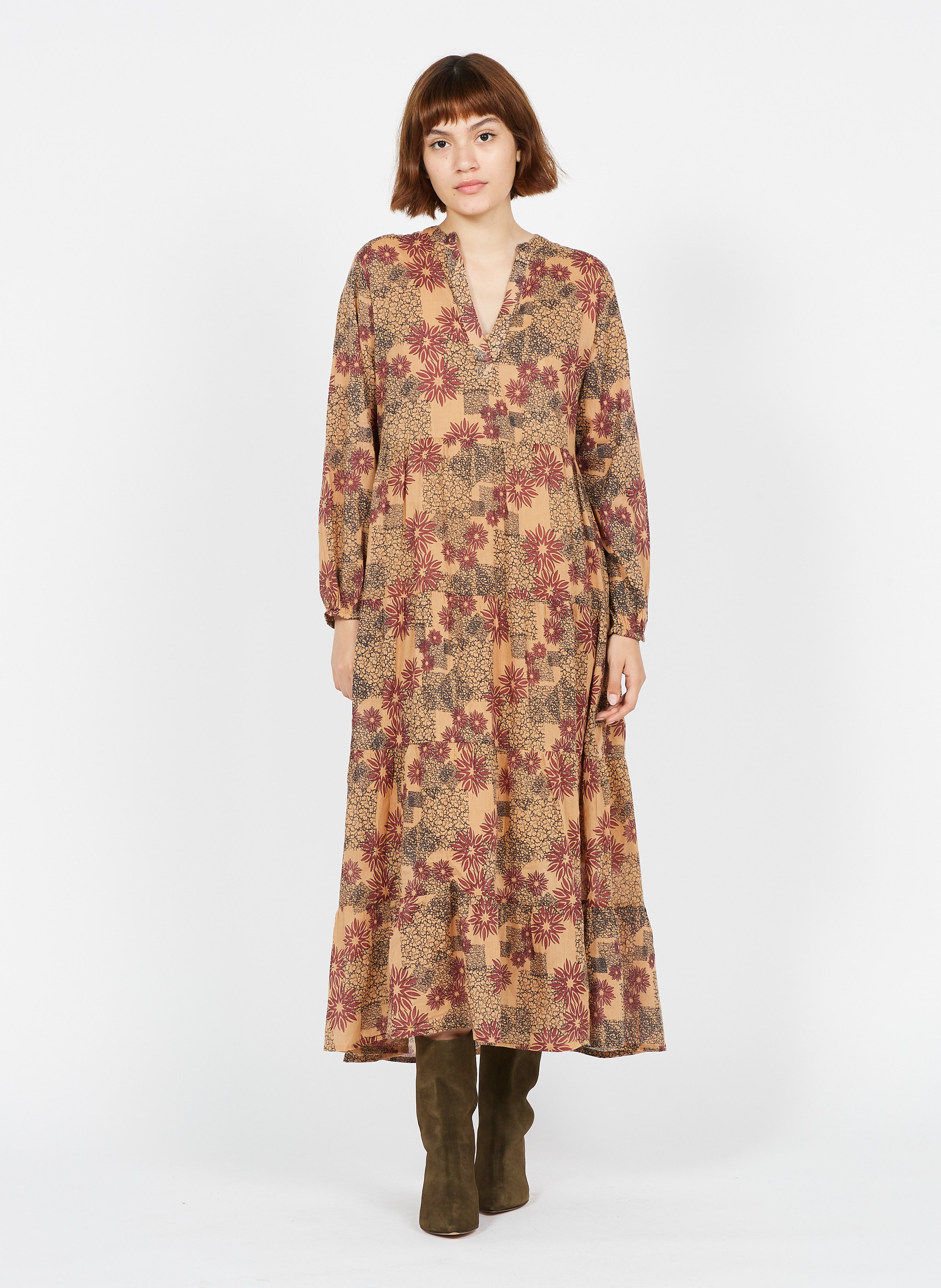 Robe Longue Col V Imprimée En Coton Caramel Maison Hotel - Femme ...