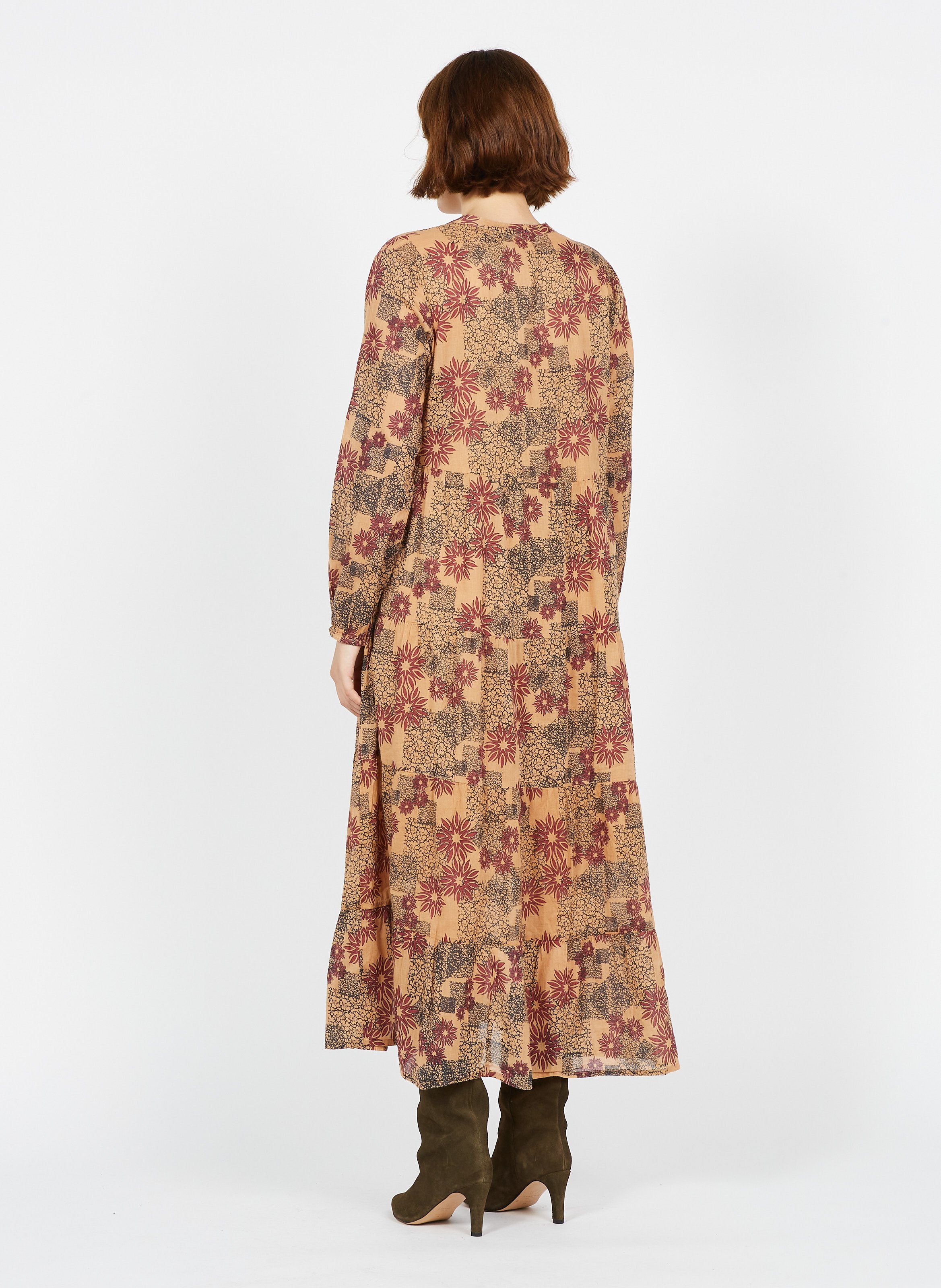 Robe Longue Col V Imprimée En Coton Caramel Maison Hotel - Femme ...