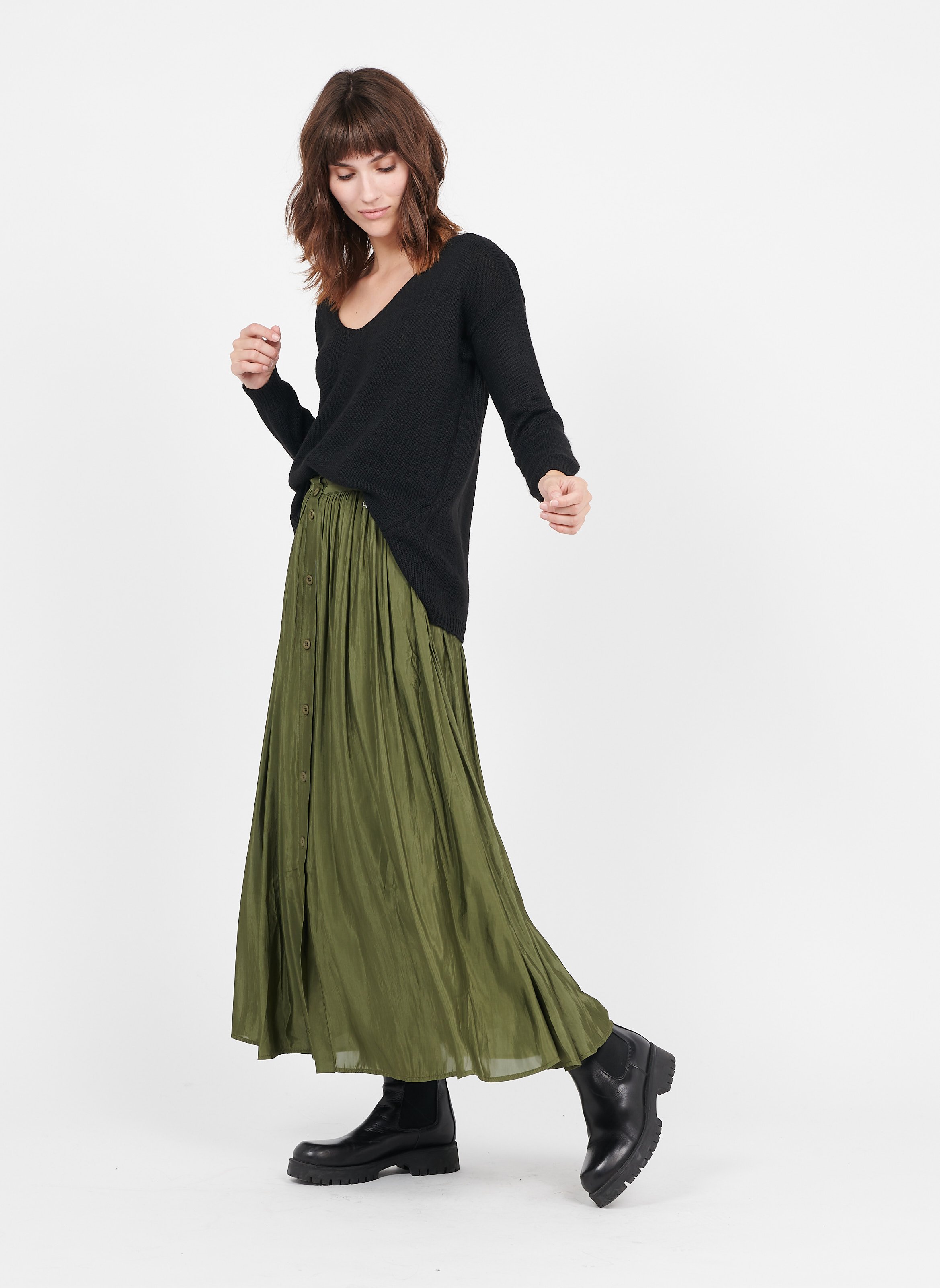 Jupe Midi Boutonnée Khaki The Korner - Femme | Place des Tendances