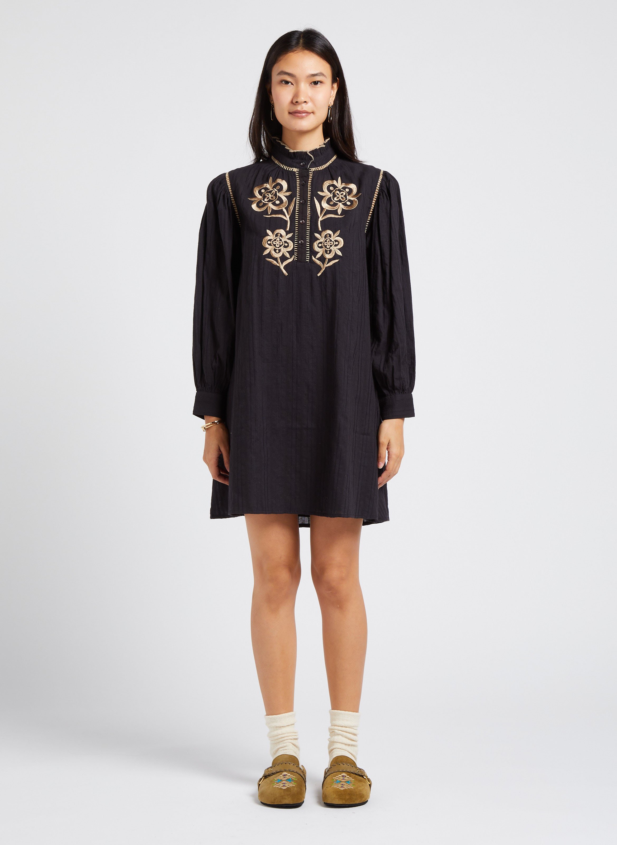 Robe courte évasée col montant en coton Anouk Black Antik Batik - Femme ...