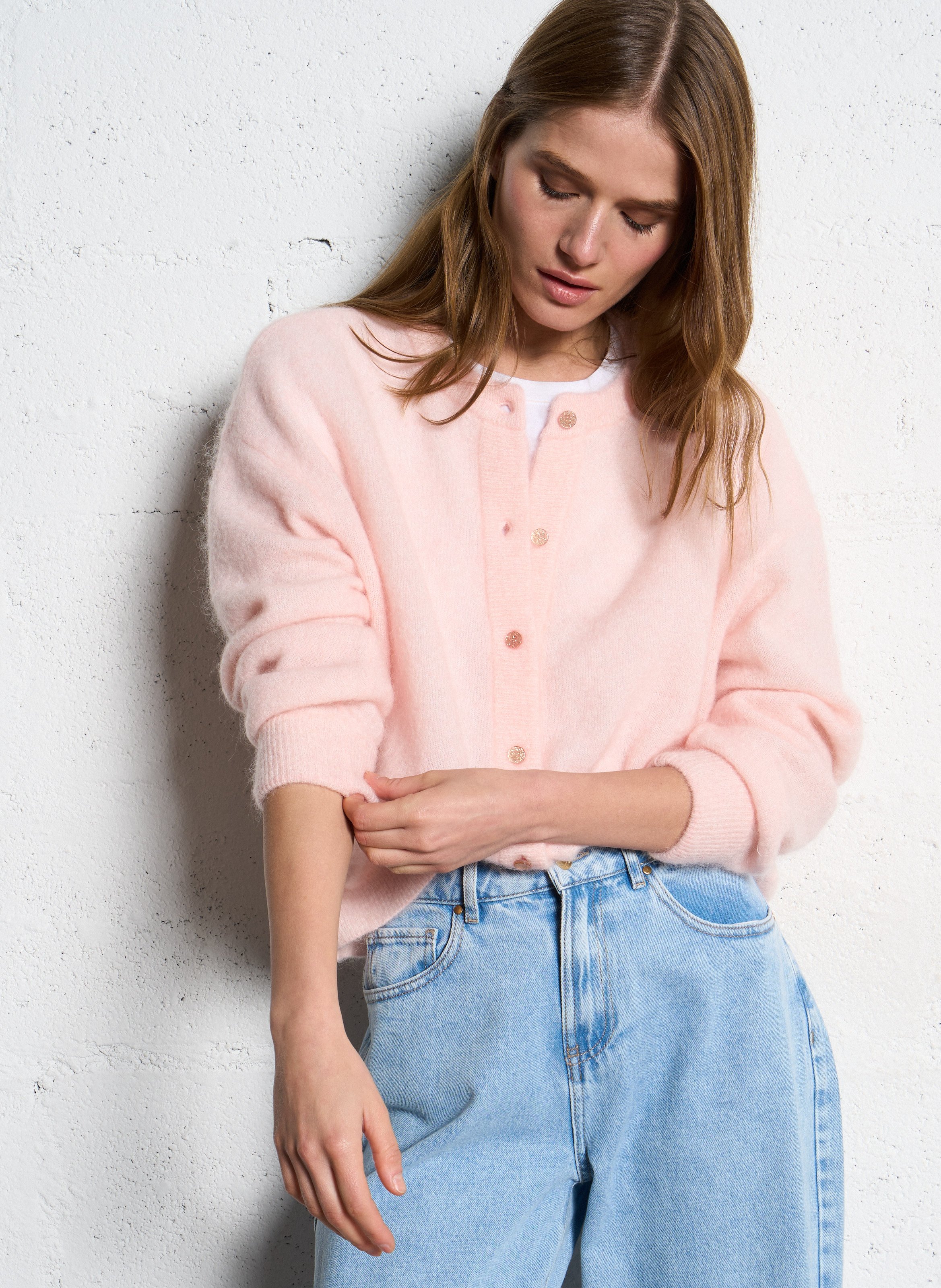 Gilet col rond en laine mélangée Doby Poudre Des Petits Hauts - Femme ...