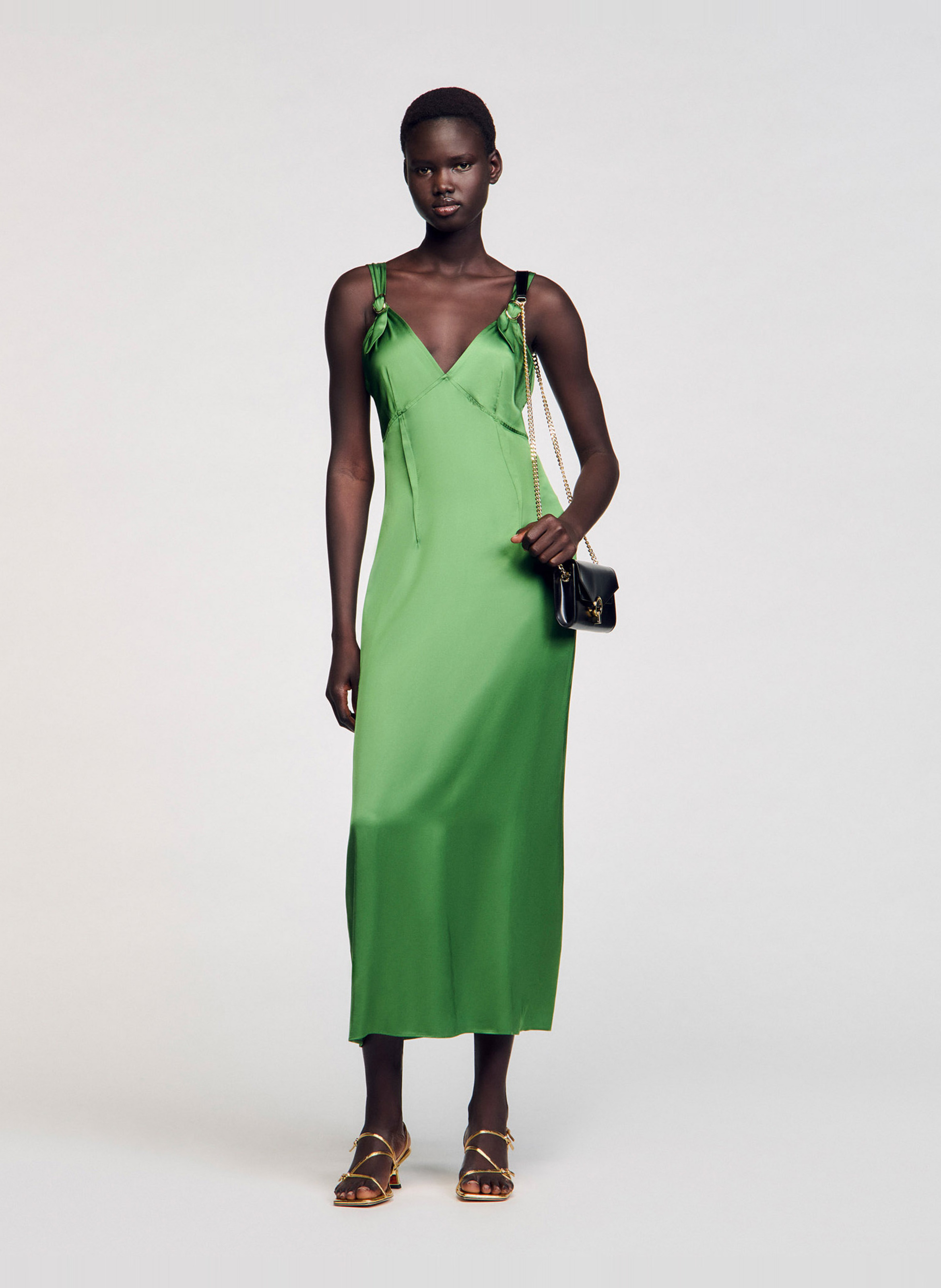 Robe longue droite satinée Vert Sandro - Femme SFPRO04195 | Place des ...