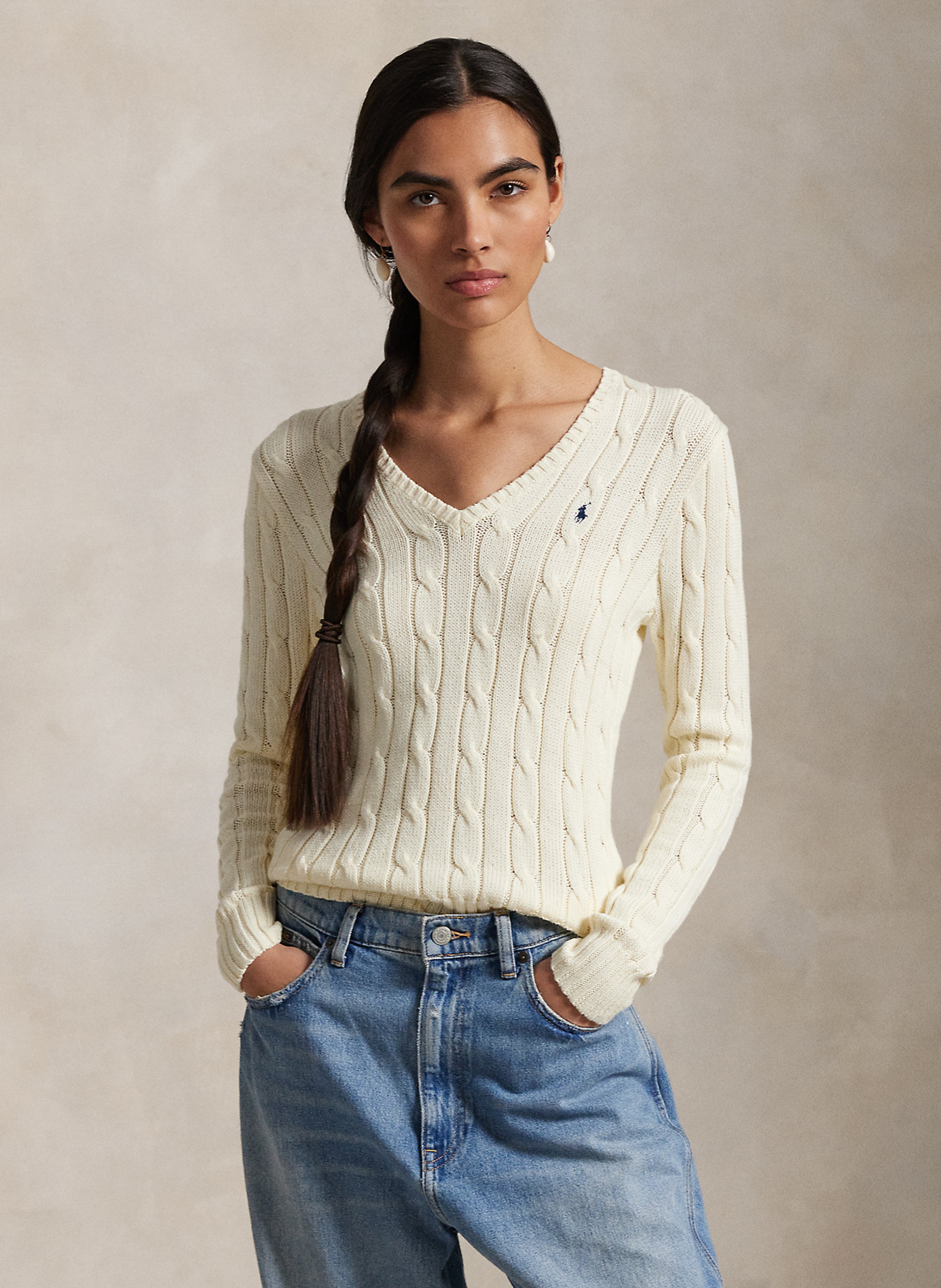 Pull col v brodé en coton Cream Polo Ralph Lauren - Femme 211891641 | Place des Tendances