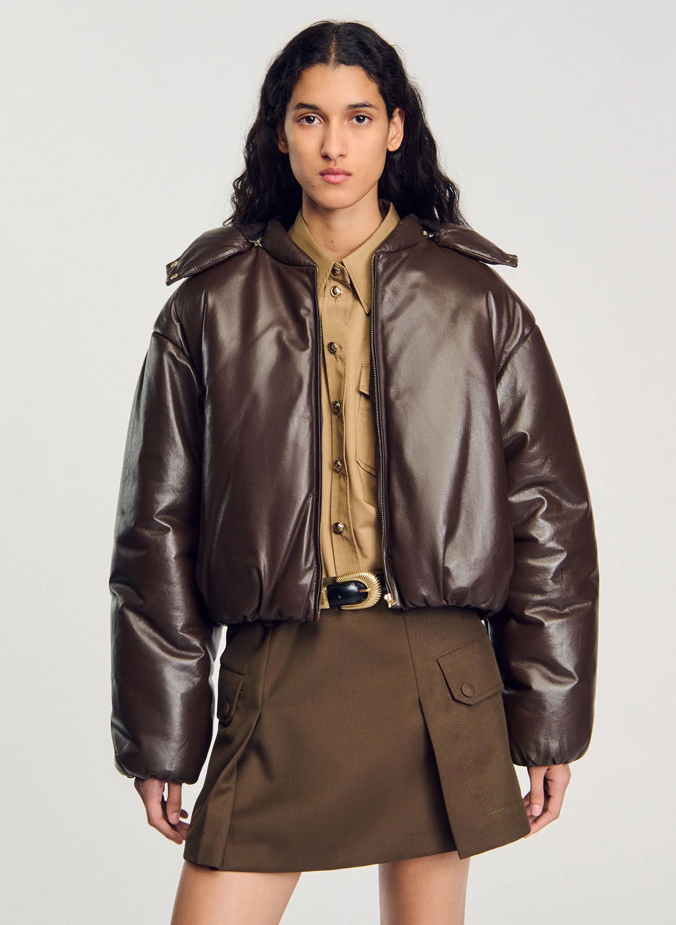 Oversized Leather Puffer Jacket Marron Sandro - Women - SFPBL01040-G023 ...