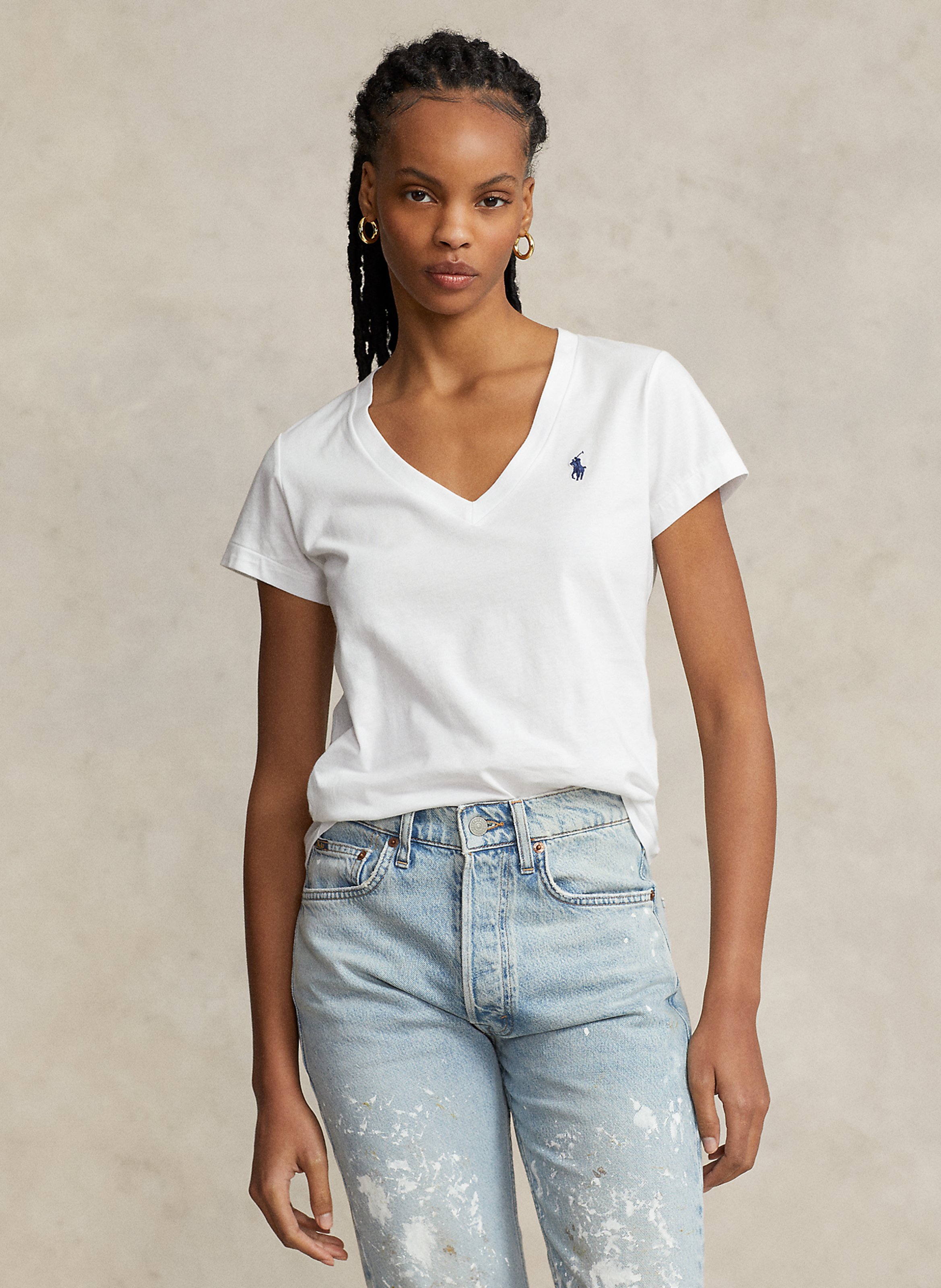 Tee-shirt col v brodé en coton White Polo Ralph Lauren - Femme 211902403 | Place des Tendances