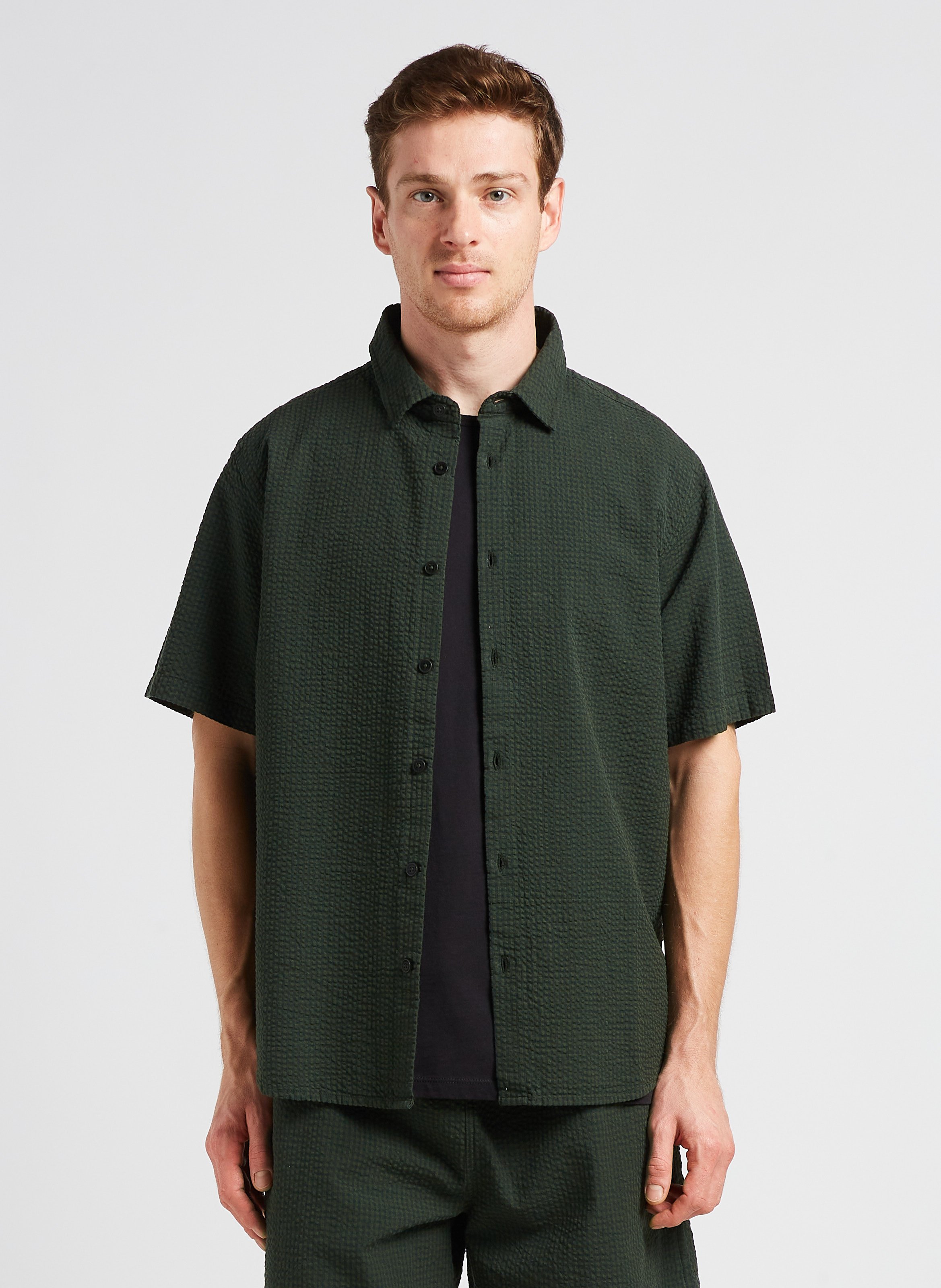 Textured cotton shirt with classic collar Dark green Thinking Mu - Men ...
