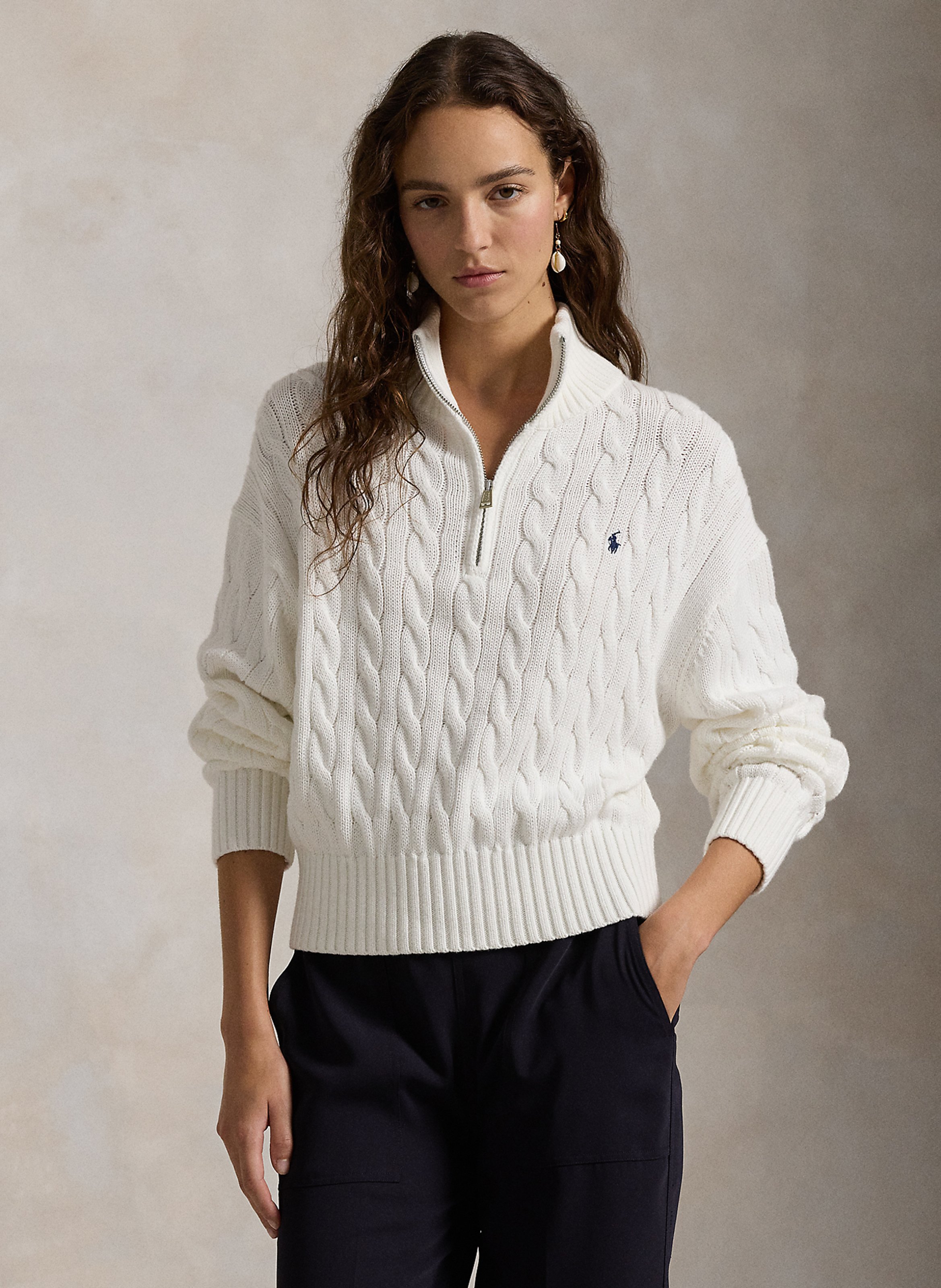Pull col zippé en coton White Polo Ralph Lauren - Femme 211963467 | Place des Tendances