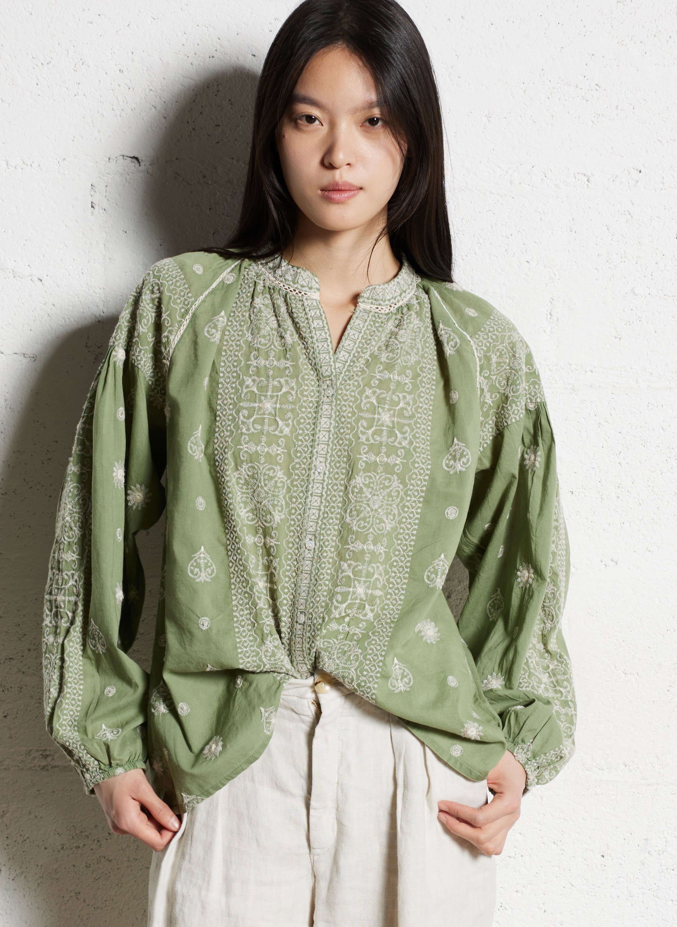 Embroidered cotton v-neck blouse Moss Maison Hotel - Women SOLE MIO ...