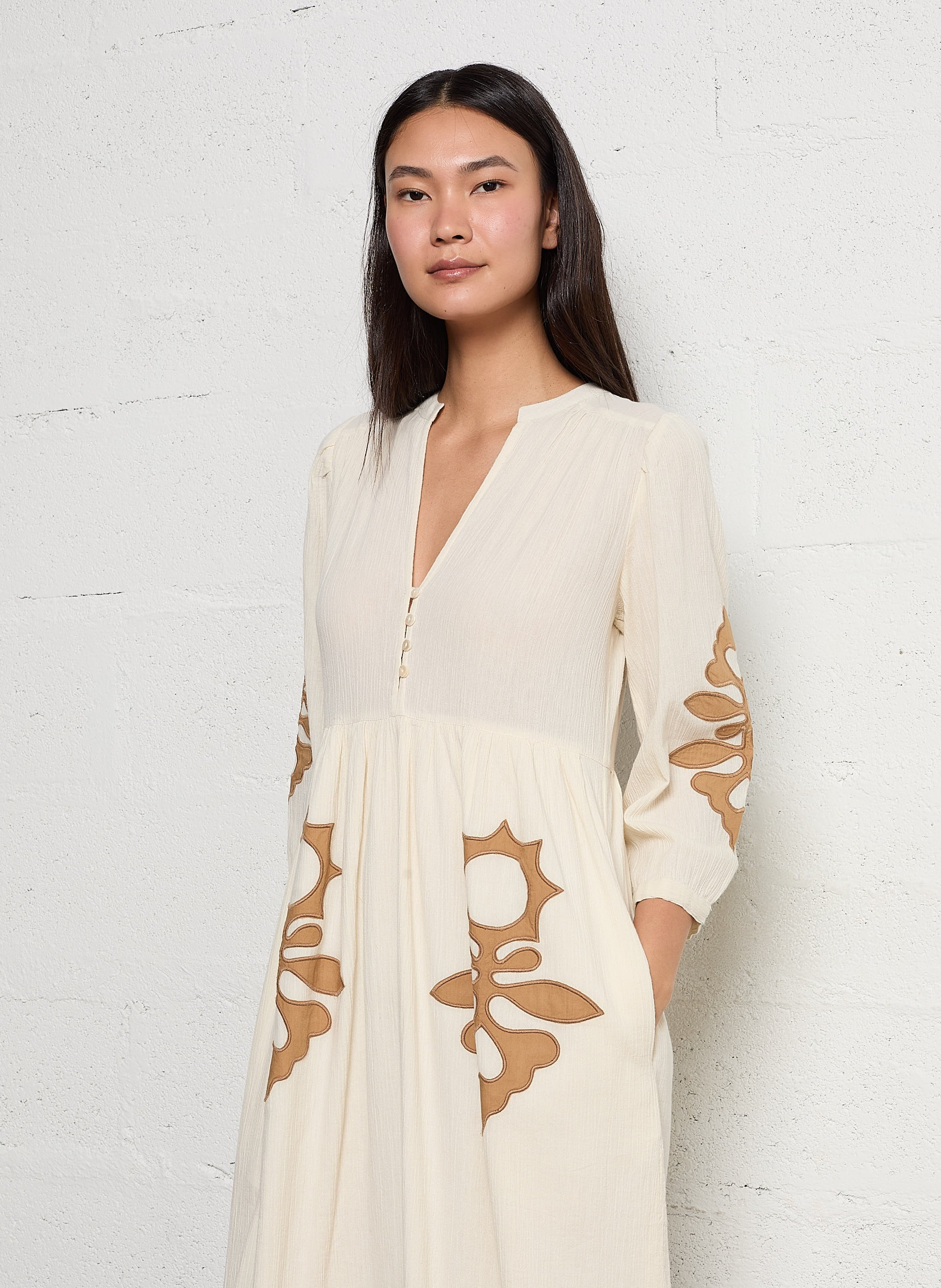 Vestido midi de algodón orgánico con cuello redondo Off white Leon & Harper - Mujer ROZA TCC01 ...