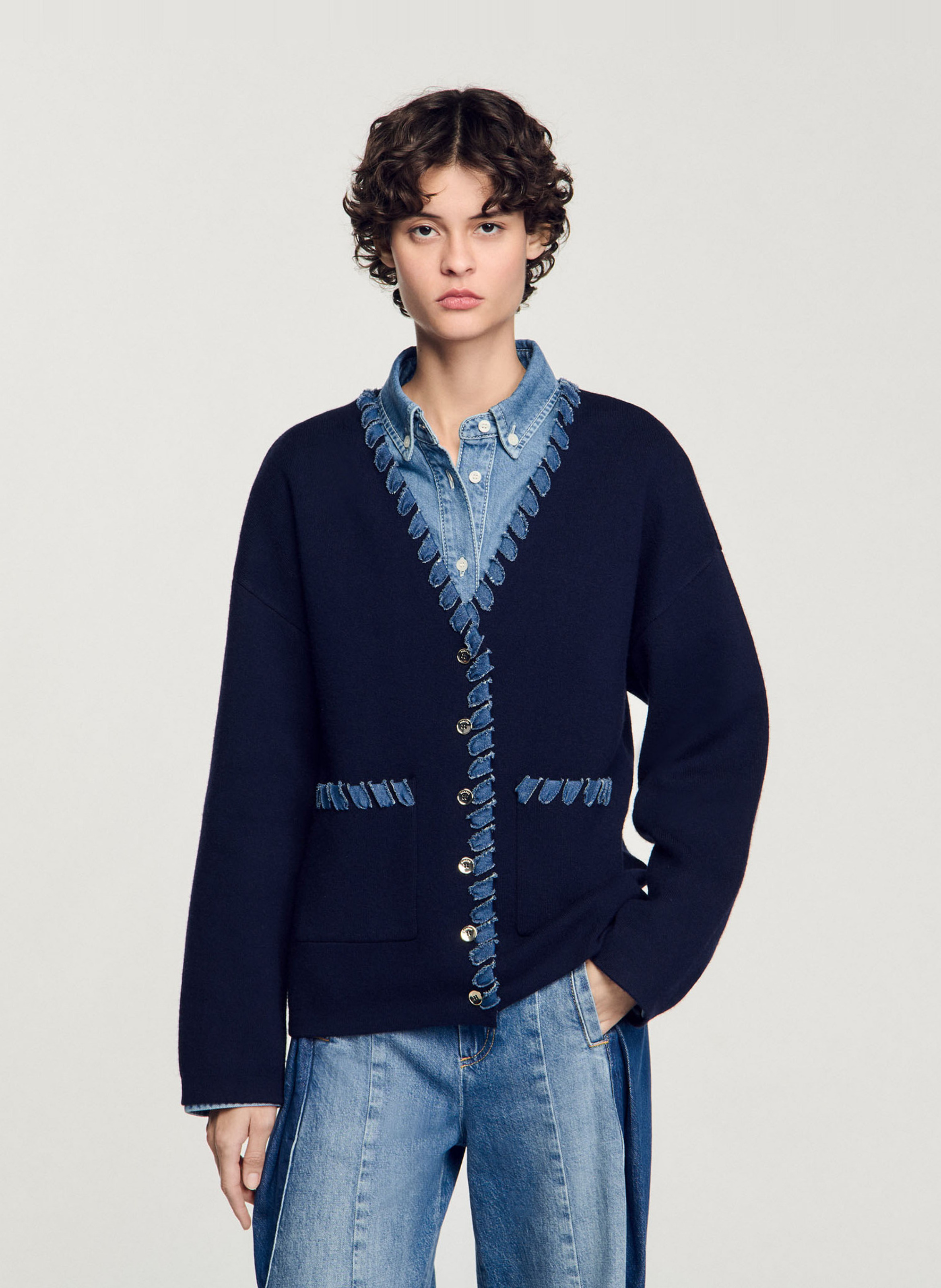 Rechte cardigan met denim details Marine Sandro - Dames SFPCA01165 ...