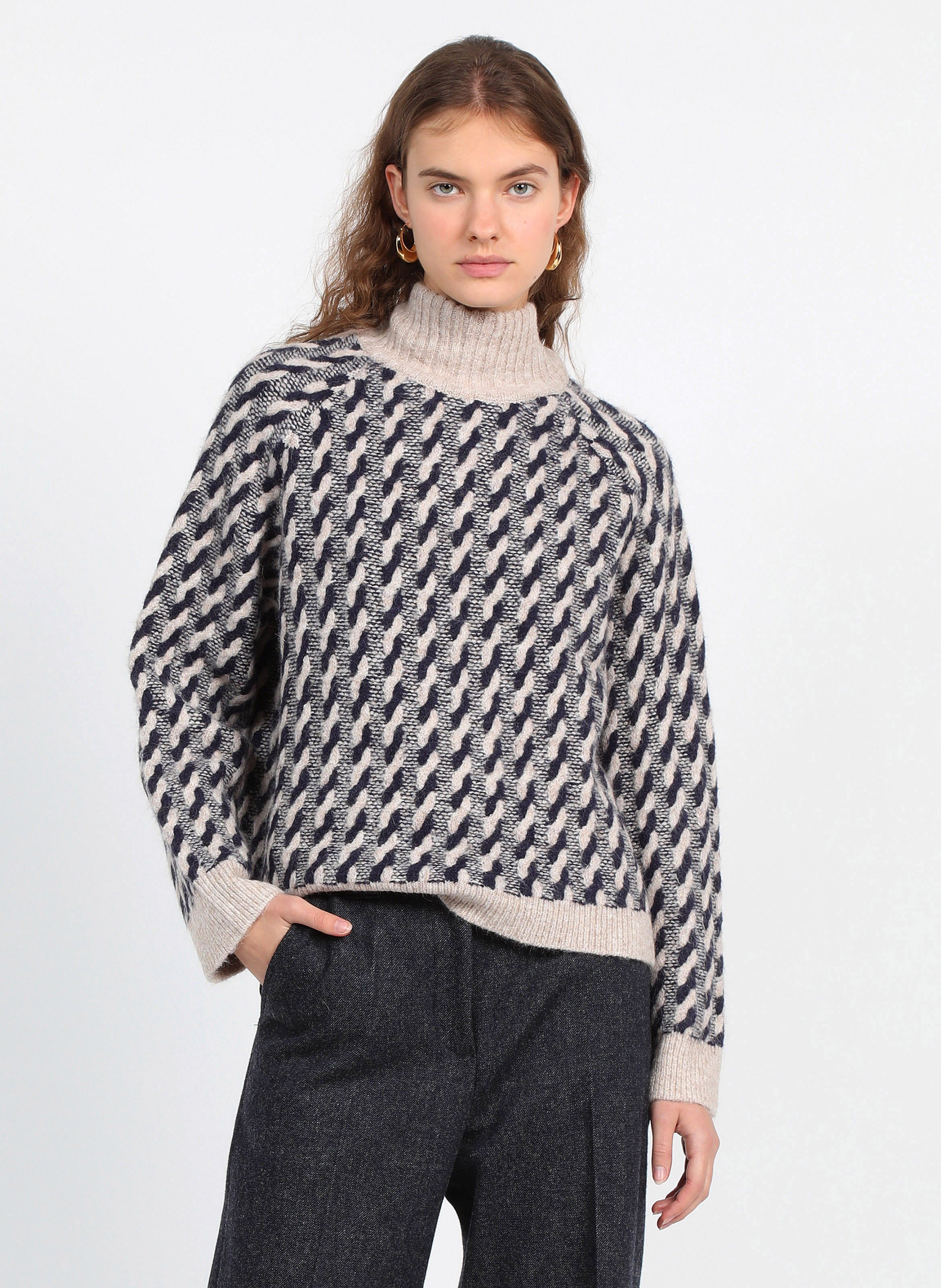 High-neck Cable-knit Jacquard Sweater Sandshell Object - Women | Place ...