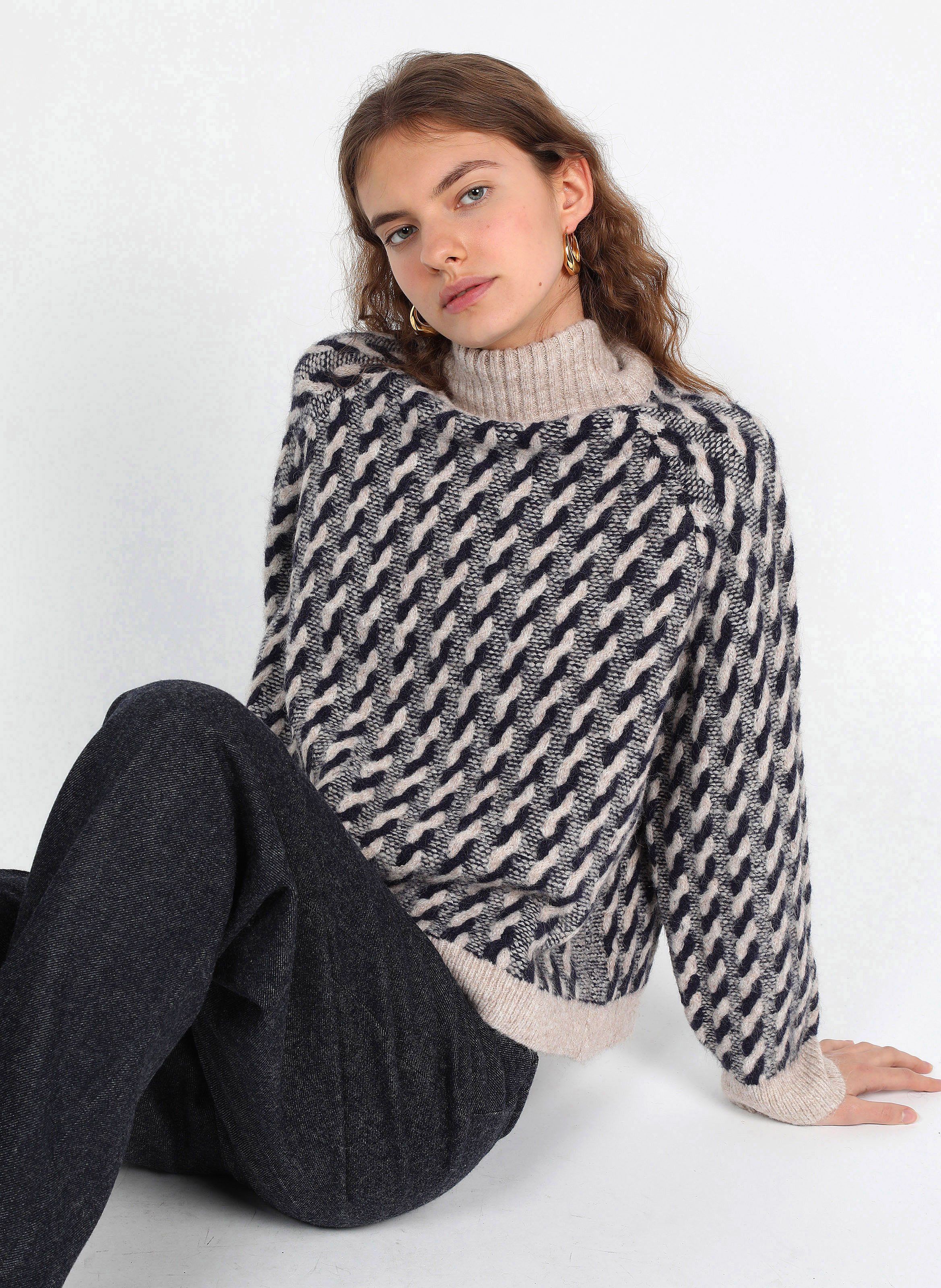 High-neck Cable-knit Jacquard Sweater Sandshell Object - Women | Place ...