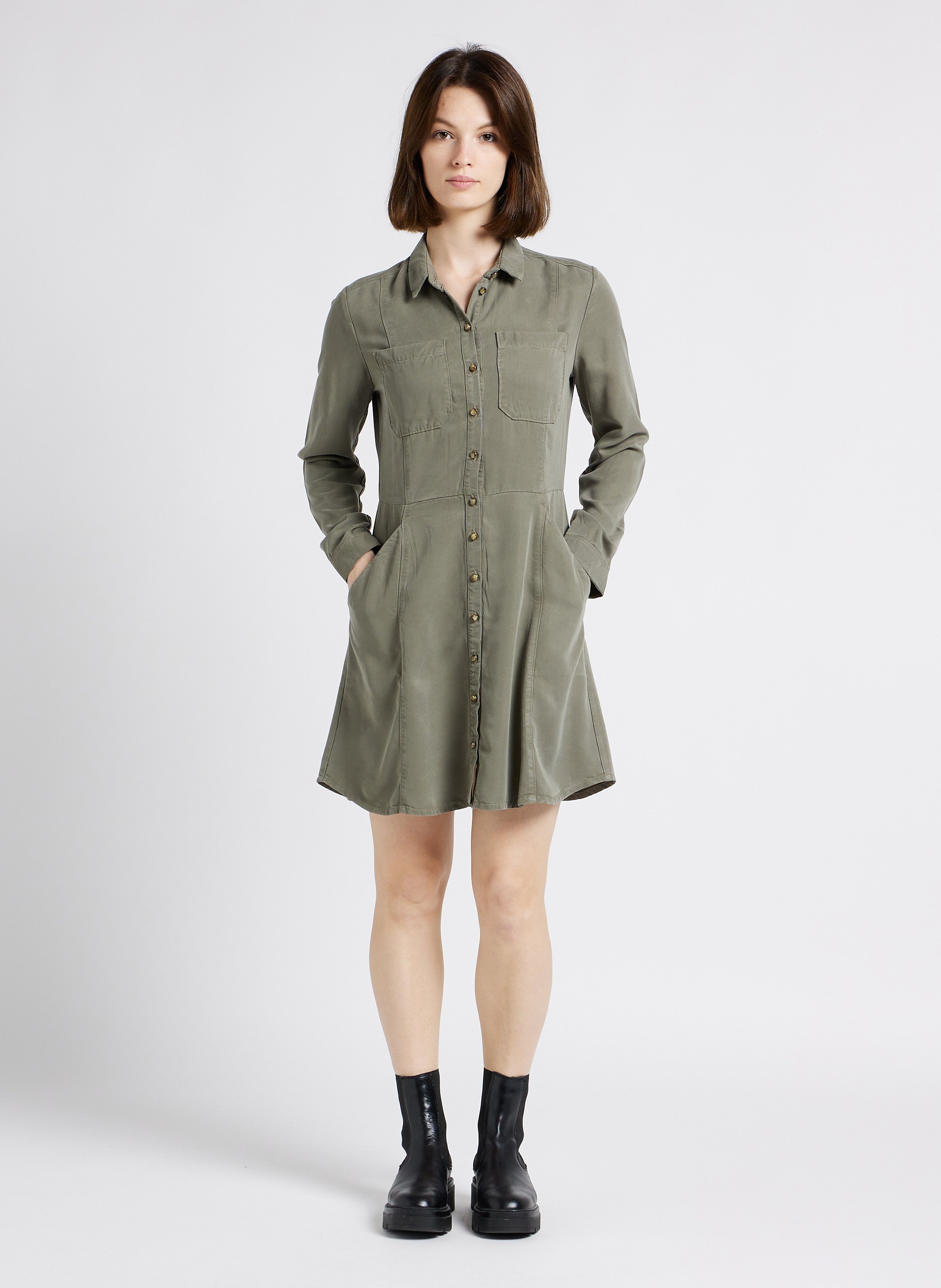 Robe Courte Col Chemise Reed Vert Fonce One Step - Femme | Place des ...