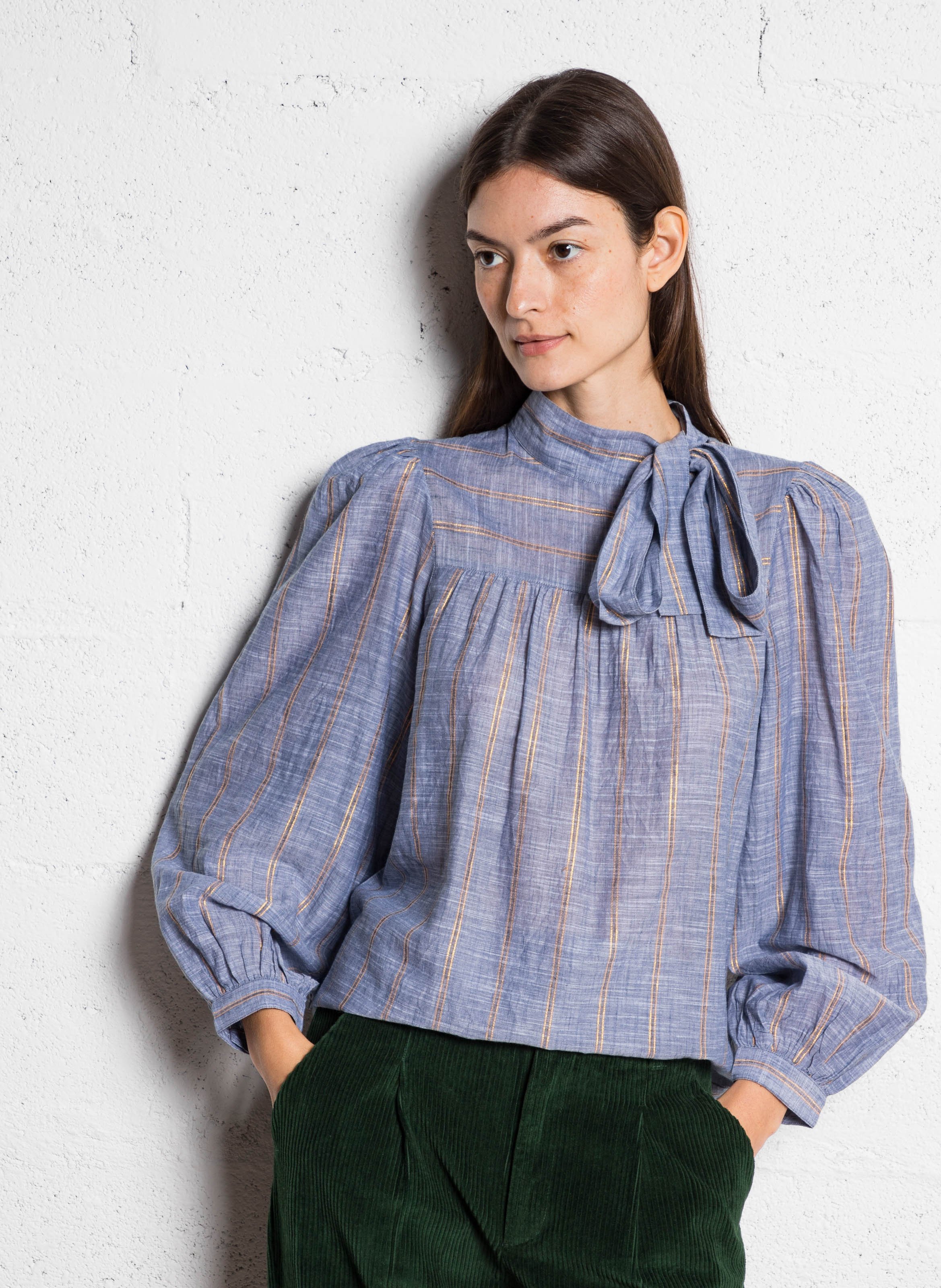 Cotton Blouse With Lavallière Collar Gold Stripes Bellepiece - Women ...