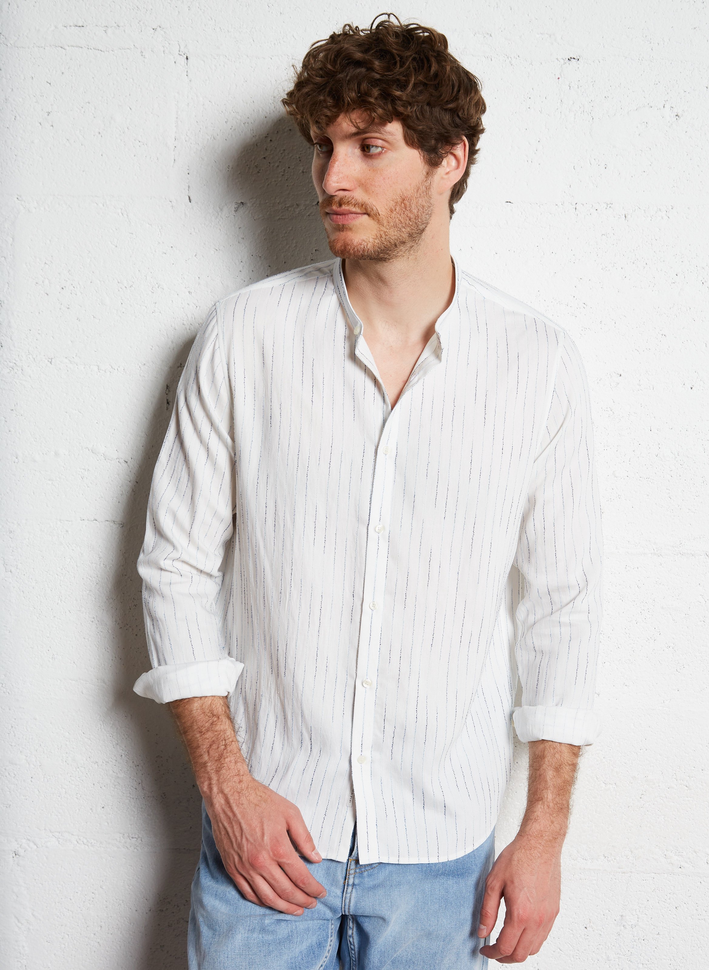 Chemise col rond à broderies rayures Bleu orage Ikks - Homme M112343 ...