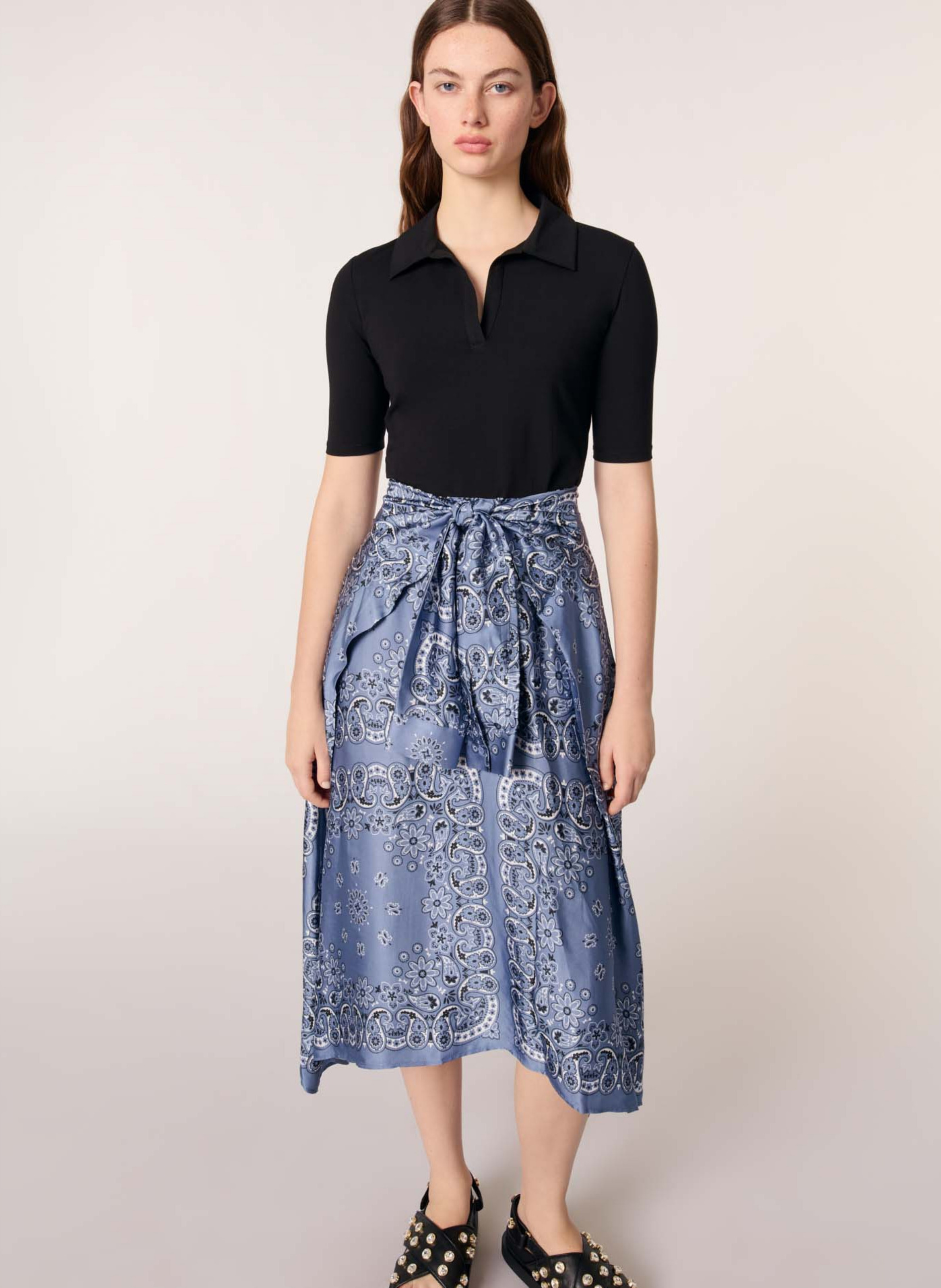 Robe midi bi-Matière imprimée Blue bandana print Maje - Femme ...