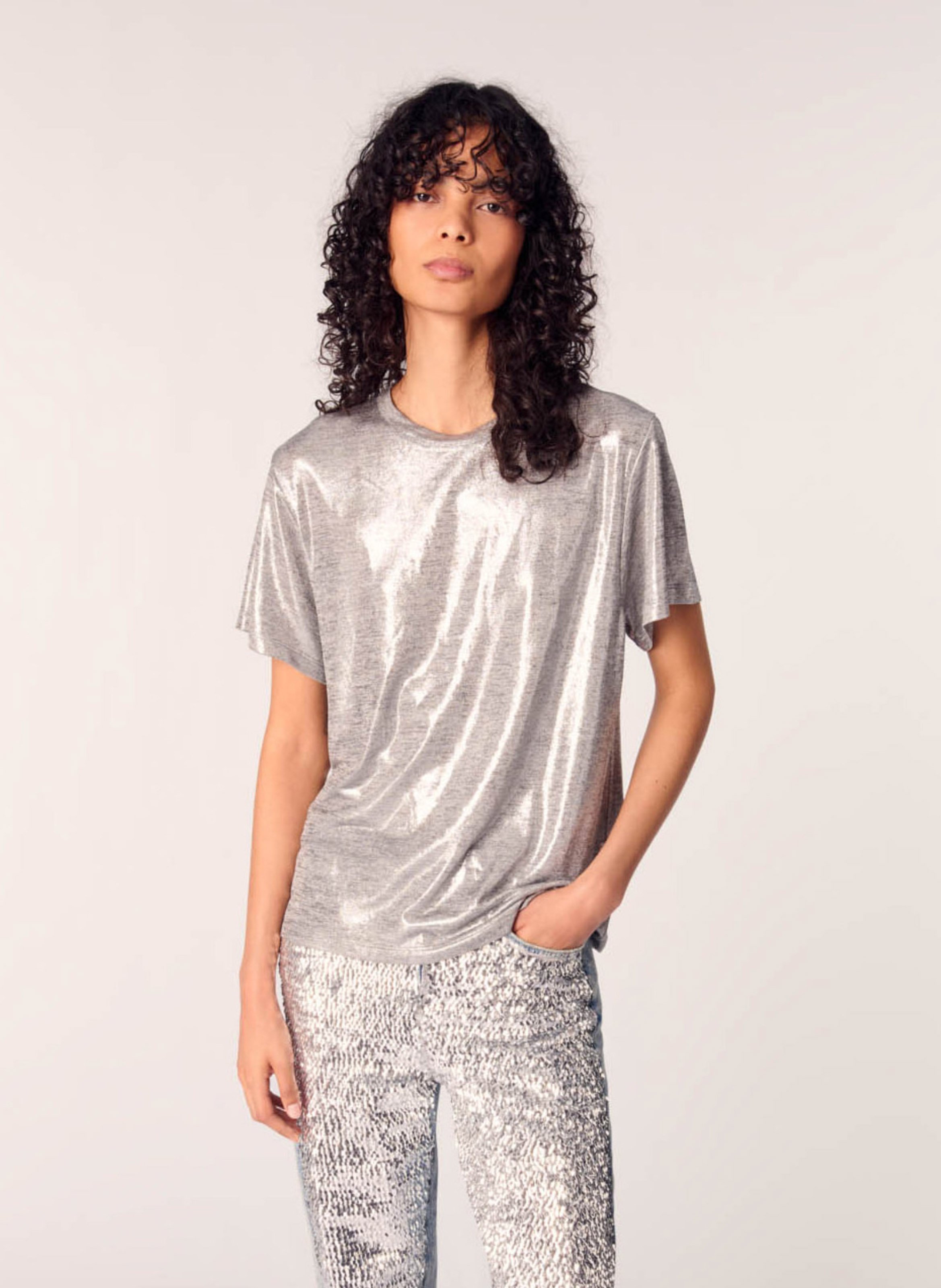 Tee-shirt droit col rond lamé Argent Maje - Femme MFPTS00807 | Place ...