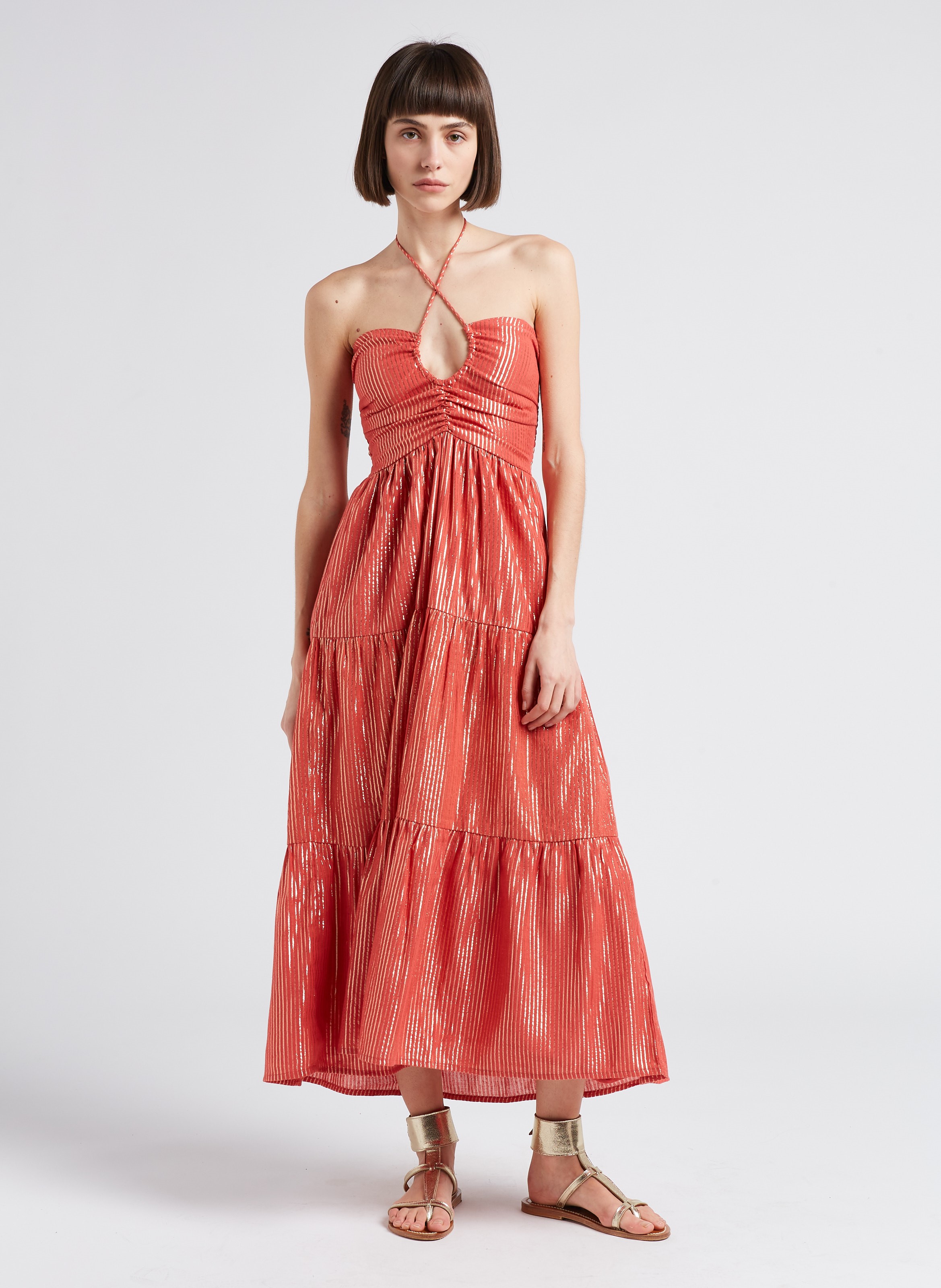 Robe Longue En Coton Mélangé Rika Terracotta And Gold Sundress - Femme ...