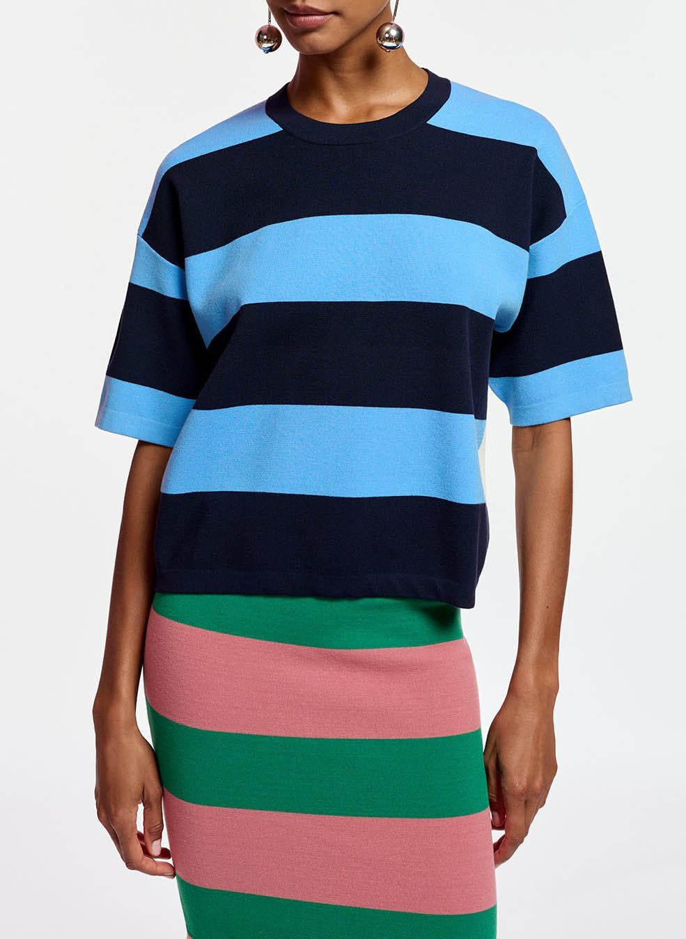 Pull Ample Col Rond à Rayures Fire Bleu Bleu Marine Blanc Casse ...