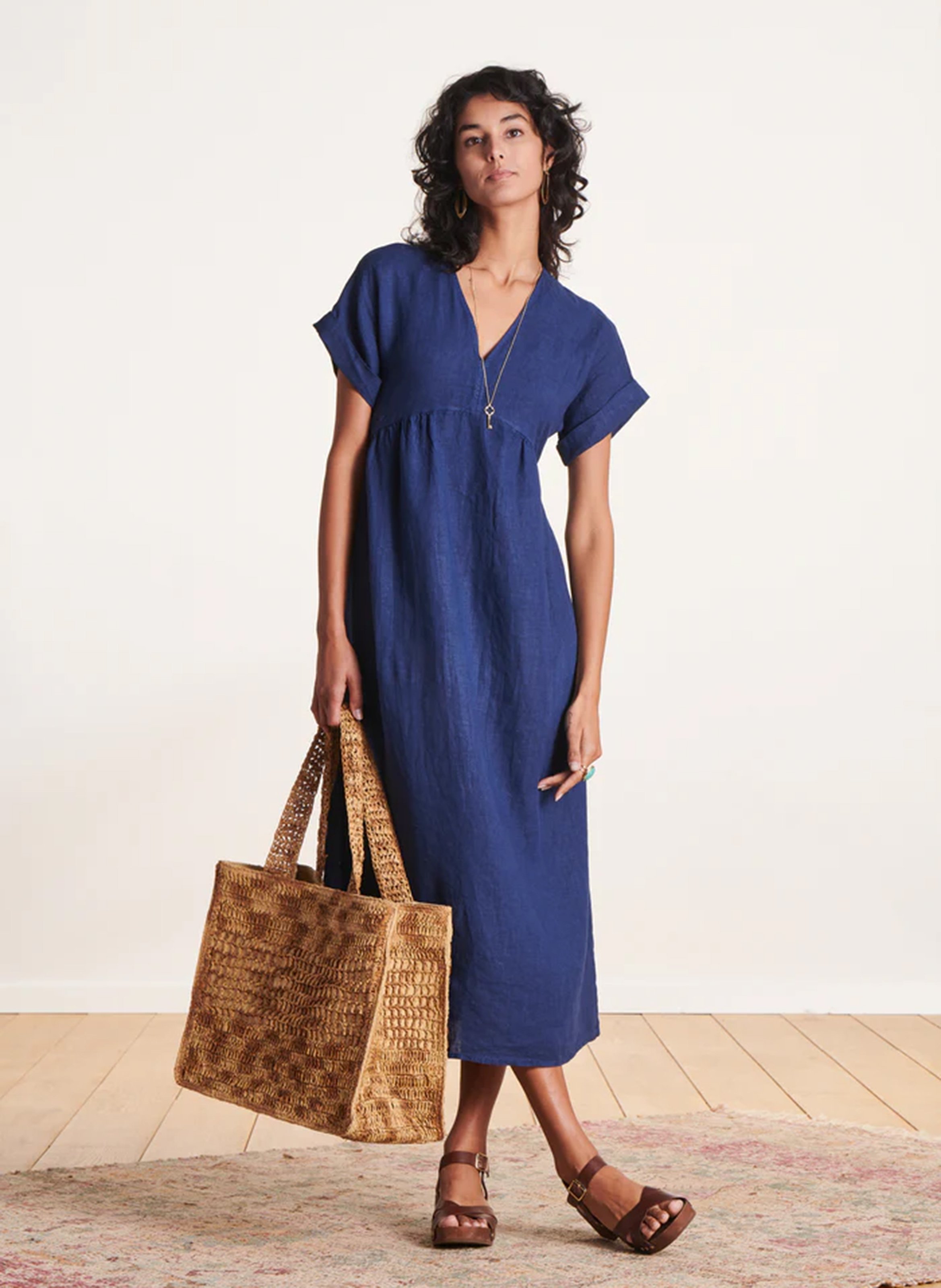 Long linen v-neck dress Bleu stone La Fee Maraboutee - Women FJ-RO ...