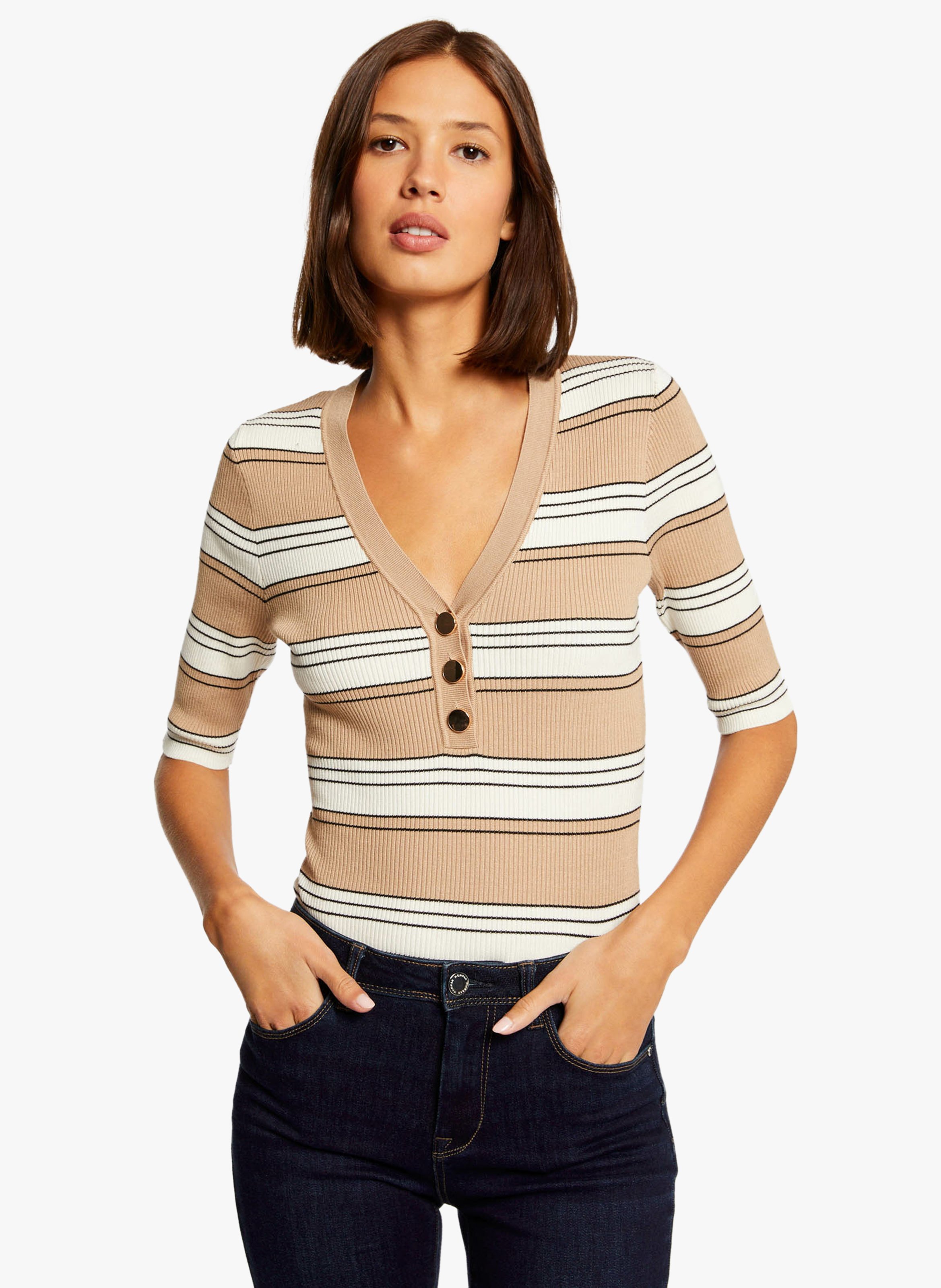 Striped V-neck Sweater Ivoire Camel Morgan - Women | Place des Tendances