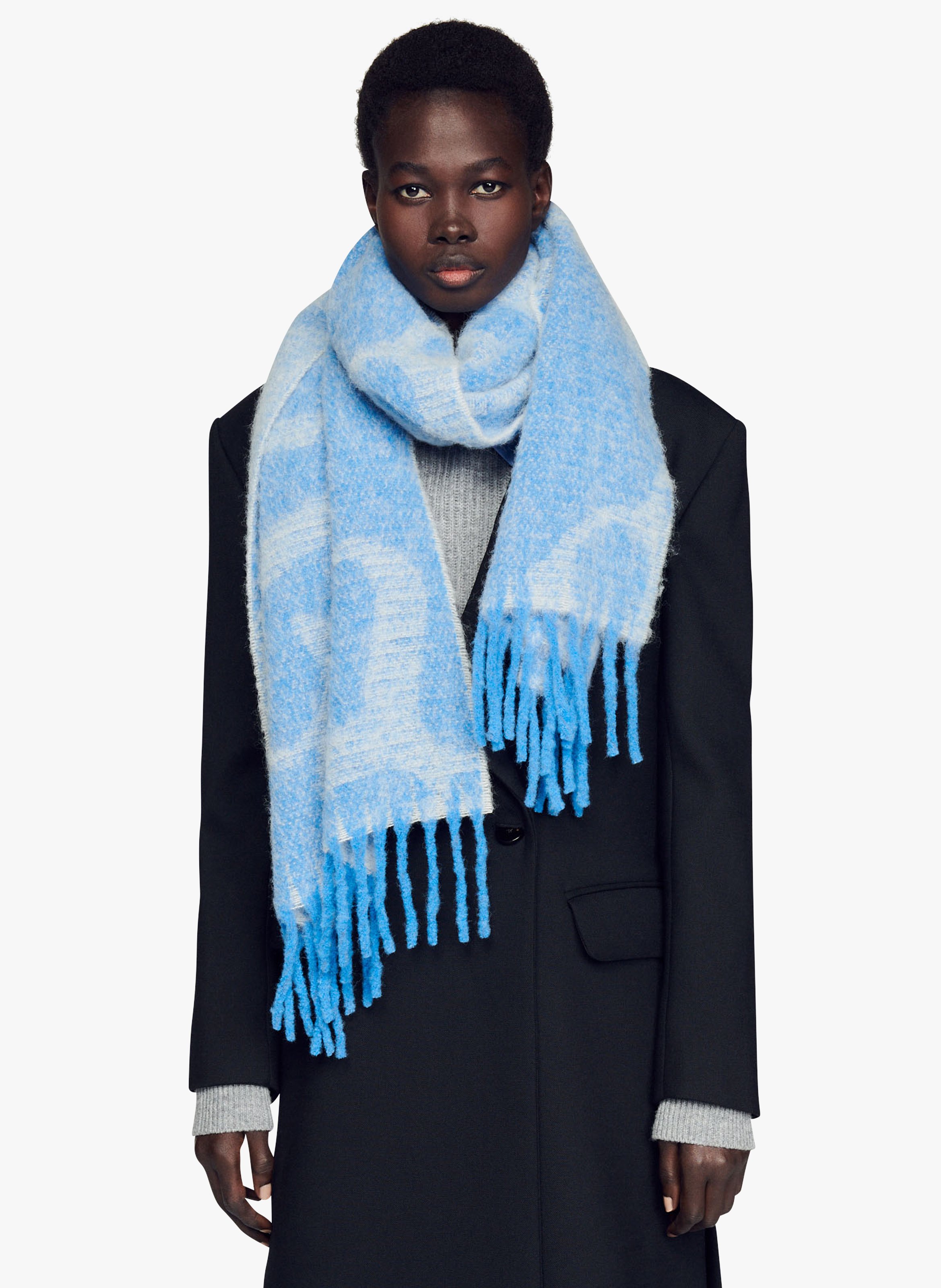 Jacquard Wool Scarf Bleu Sandro - Women | Place des Tendances