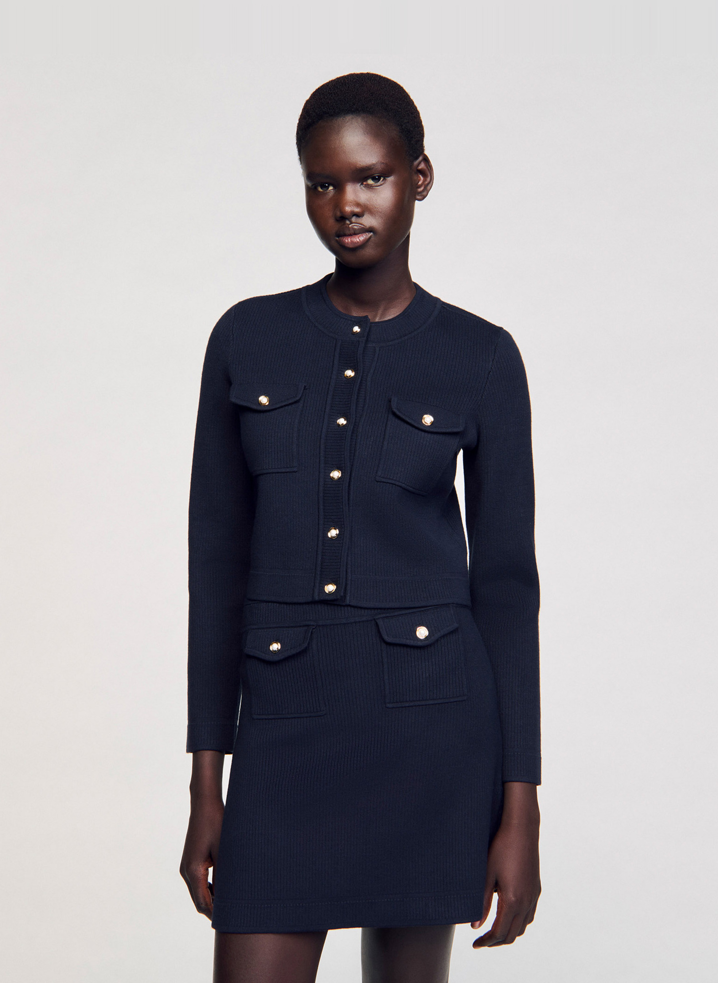 Cropped buttoned cardigan Dark navy Sandro - Women SFPCA01190 | Place ...