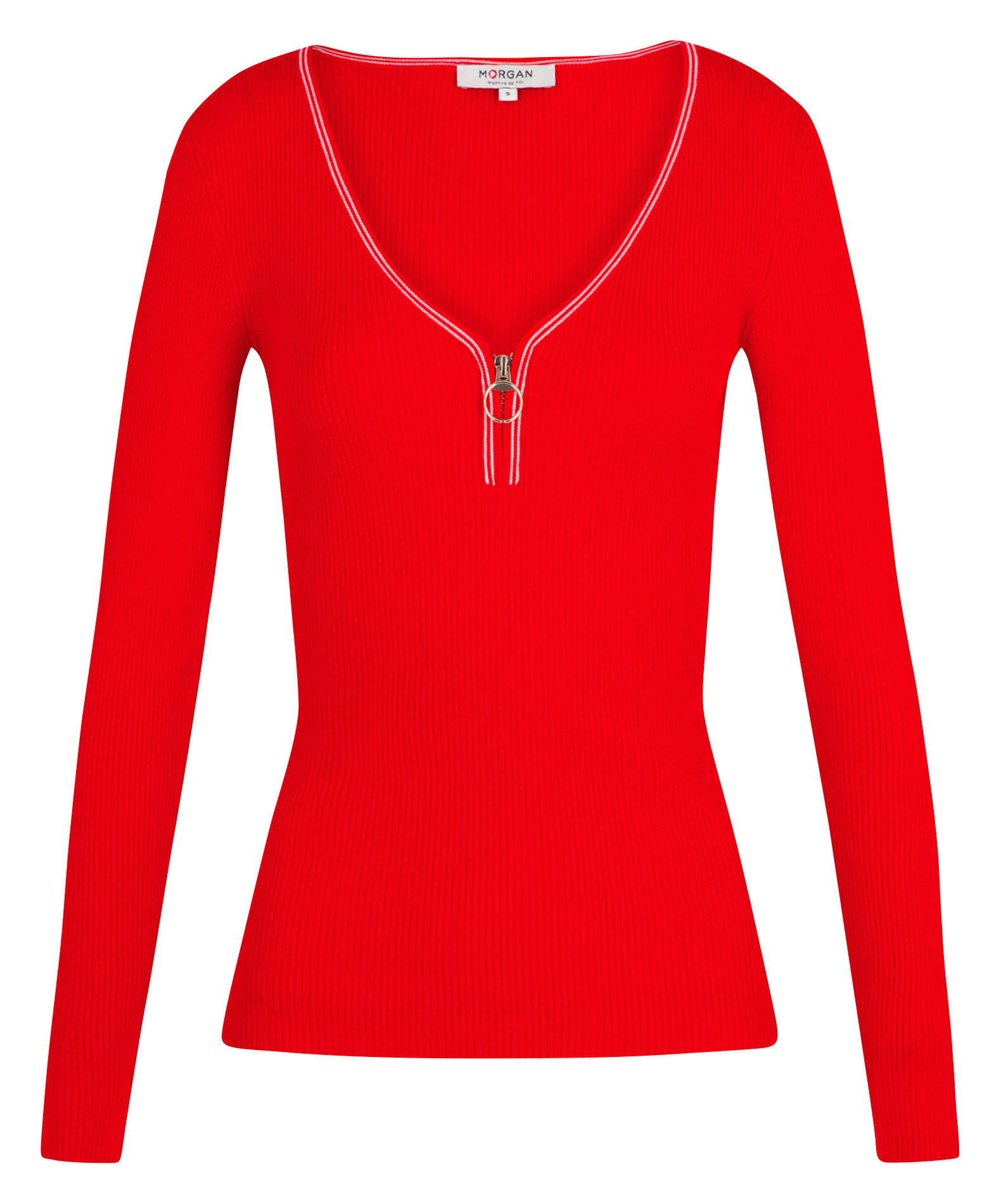 Pull à Col V Zippé Rouge Vif Off White Morgan - Femme | Place des Tendances