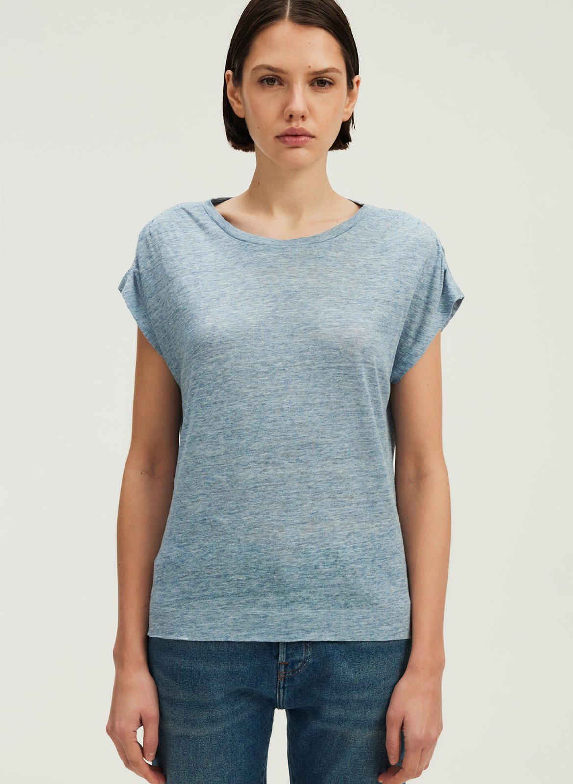 Tee-shirt col ron en lin Gail Bleu ciel Pablo - Femme PBT47B749 | Place ...