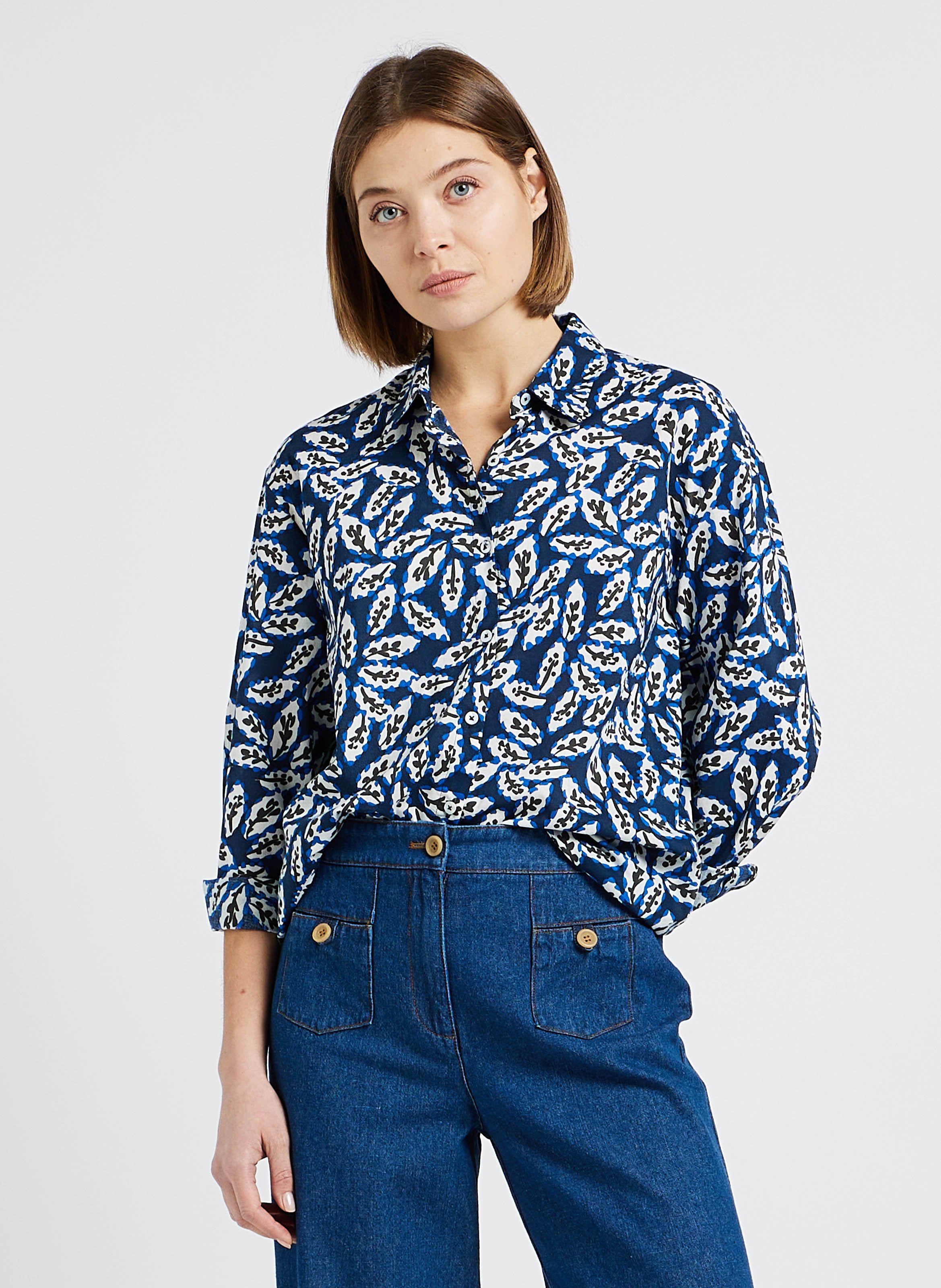 Straight Printed Cotton Shirt With Classic Collar Navy Nice Things ...
