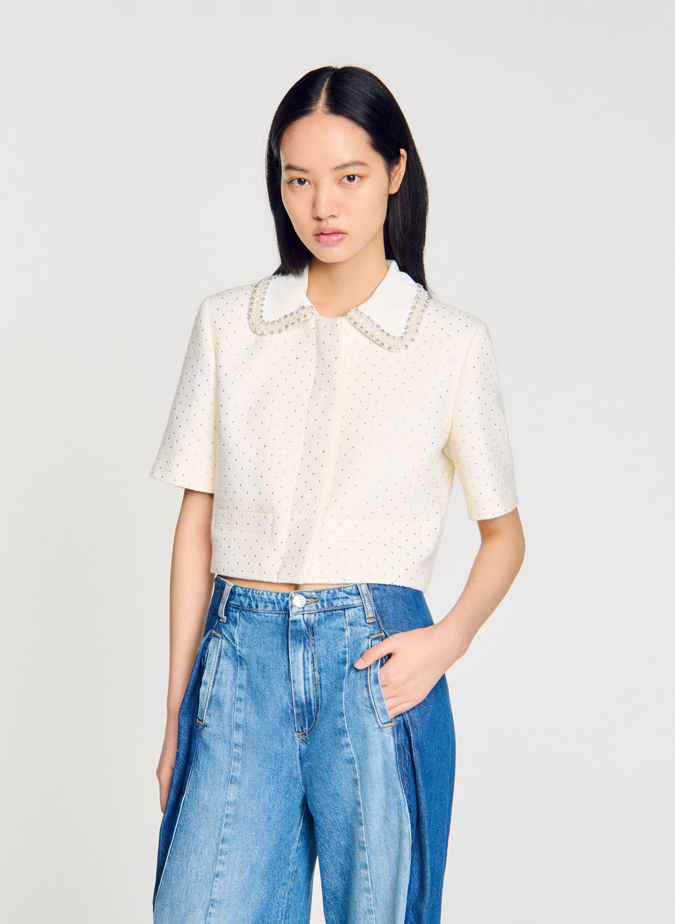 Straight-cut jacket with classic collar Ecru Sandro - Women SFPVE01122 ...