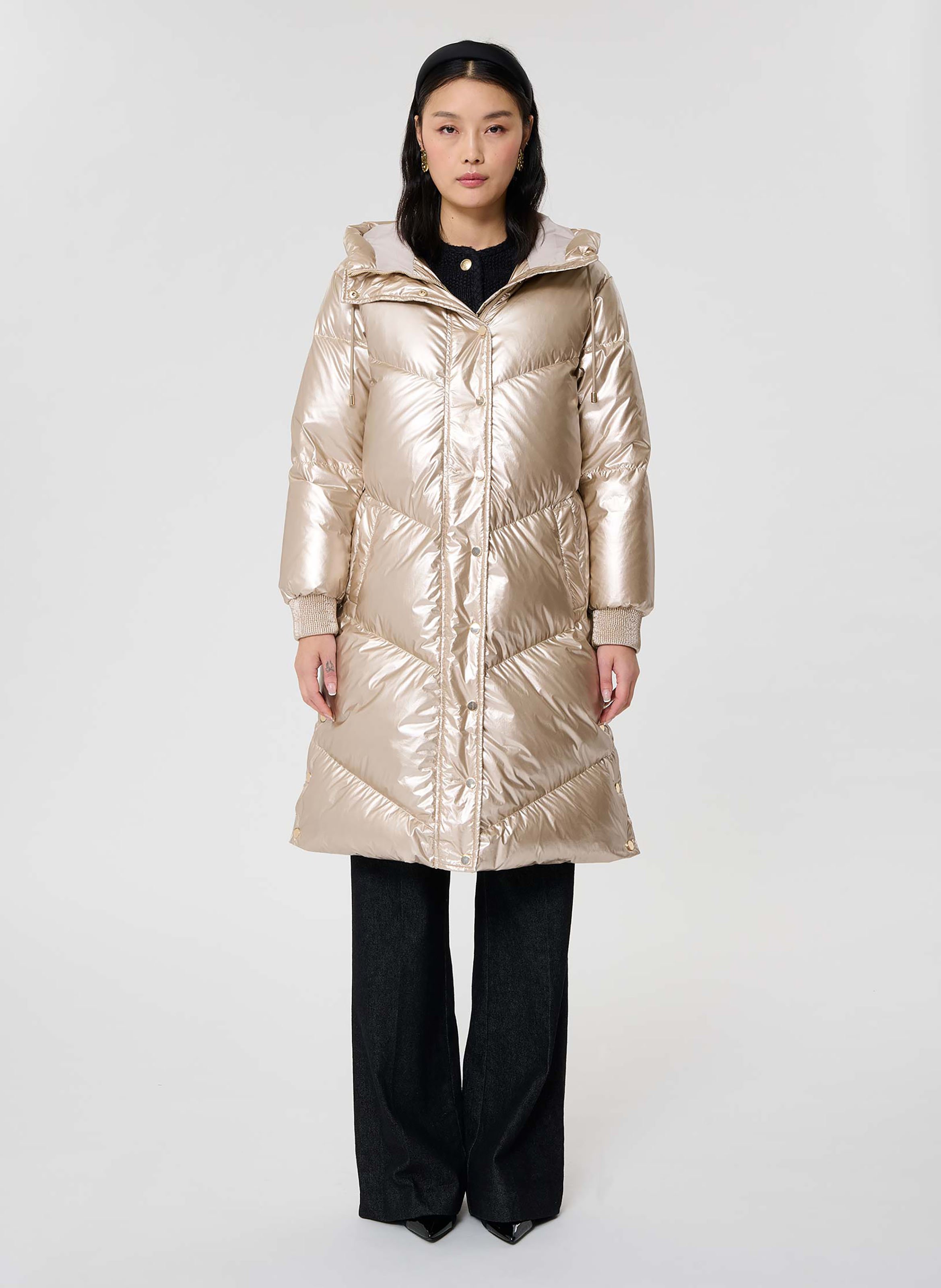 Long Metallic Puffer Coat buy Champagne Tara