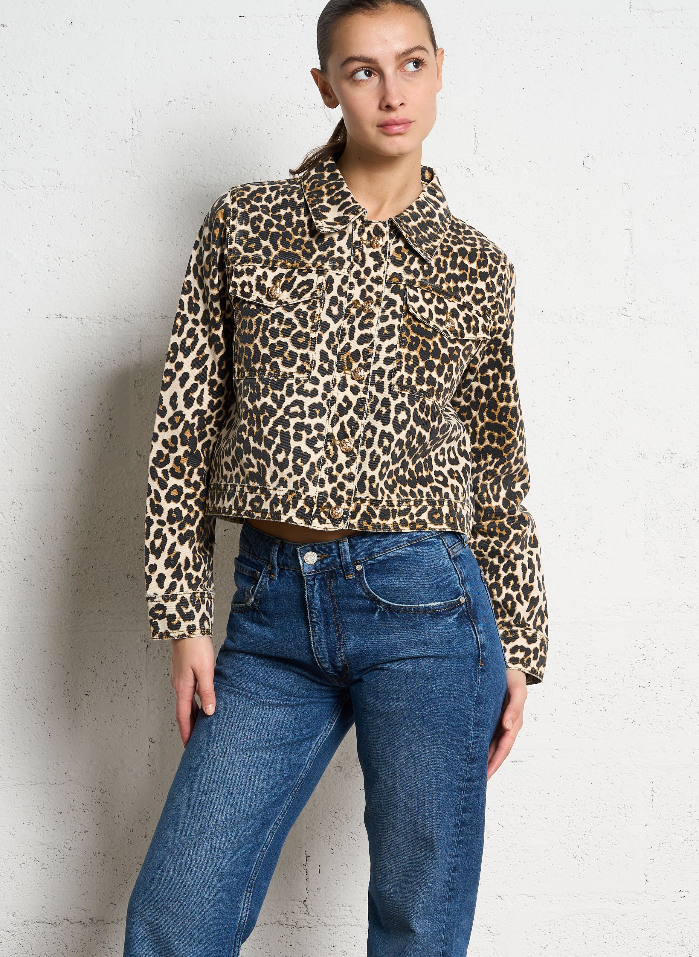 Leopard Print Cotton Jacket With Classic Collar Beige Suncoo - Women ...
