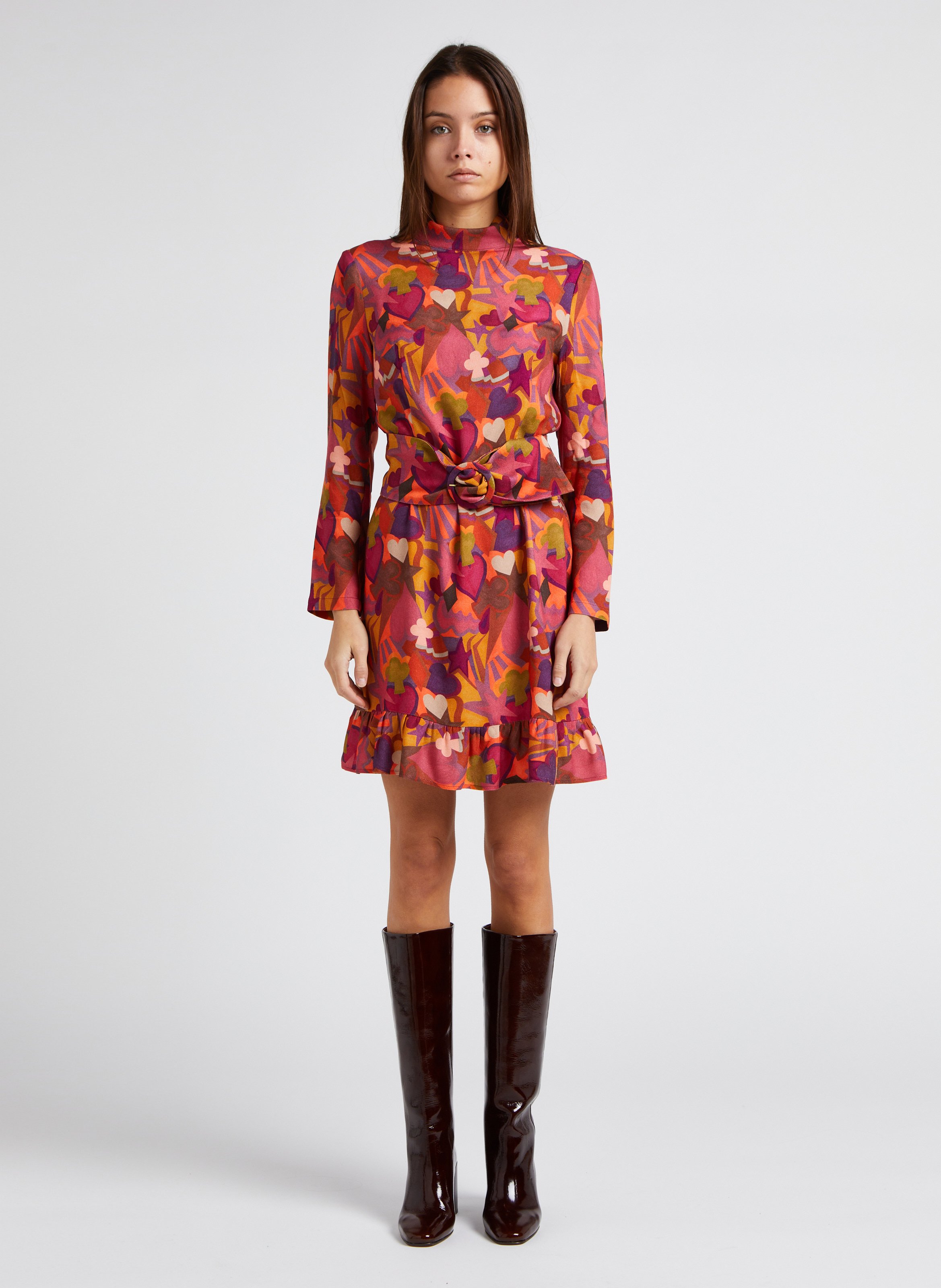 Robe courte évasée col montant imprimée Bonne etoile Rose Soi paris ...