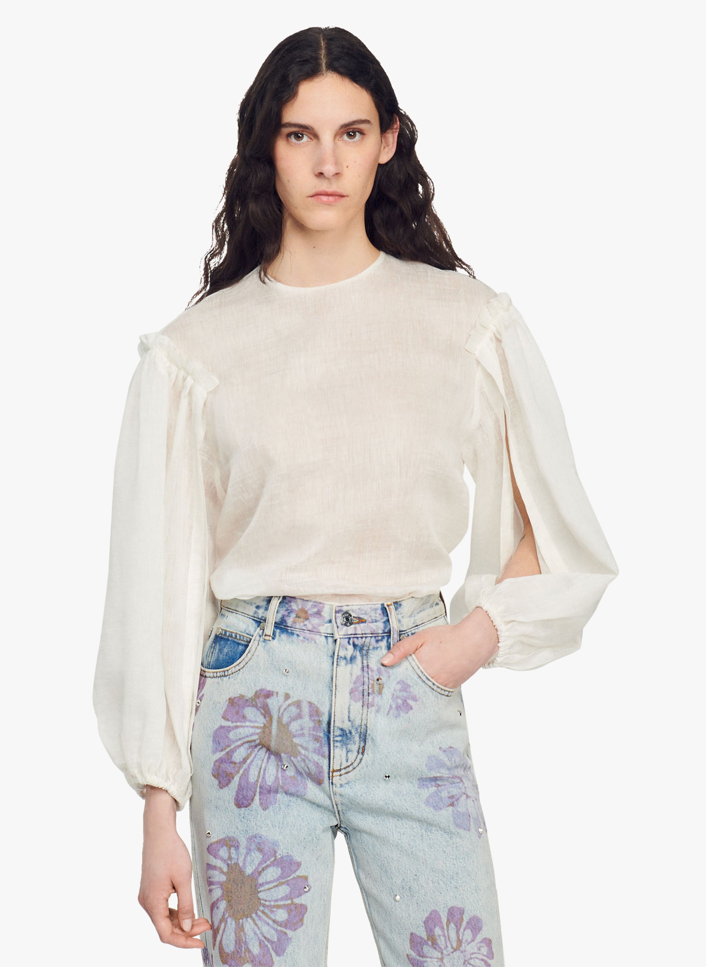 Round-neck Linen-blend Top Blanc Sandro - Women | Place des Tendances