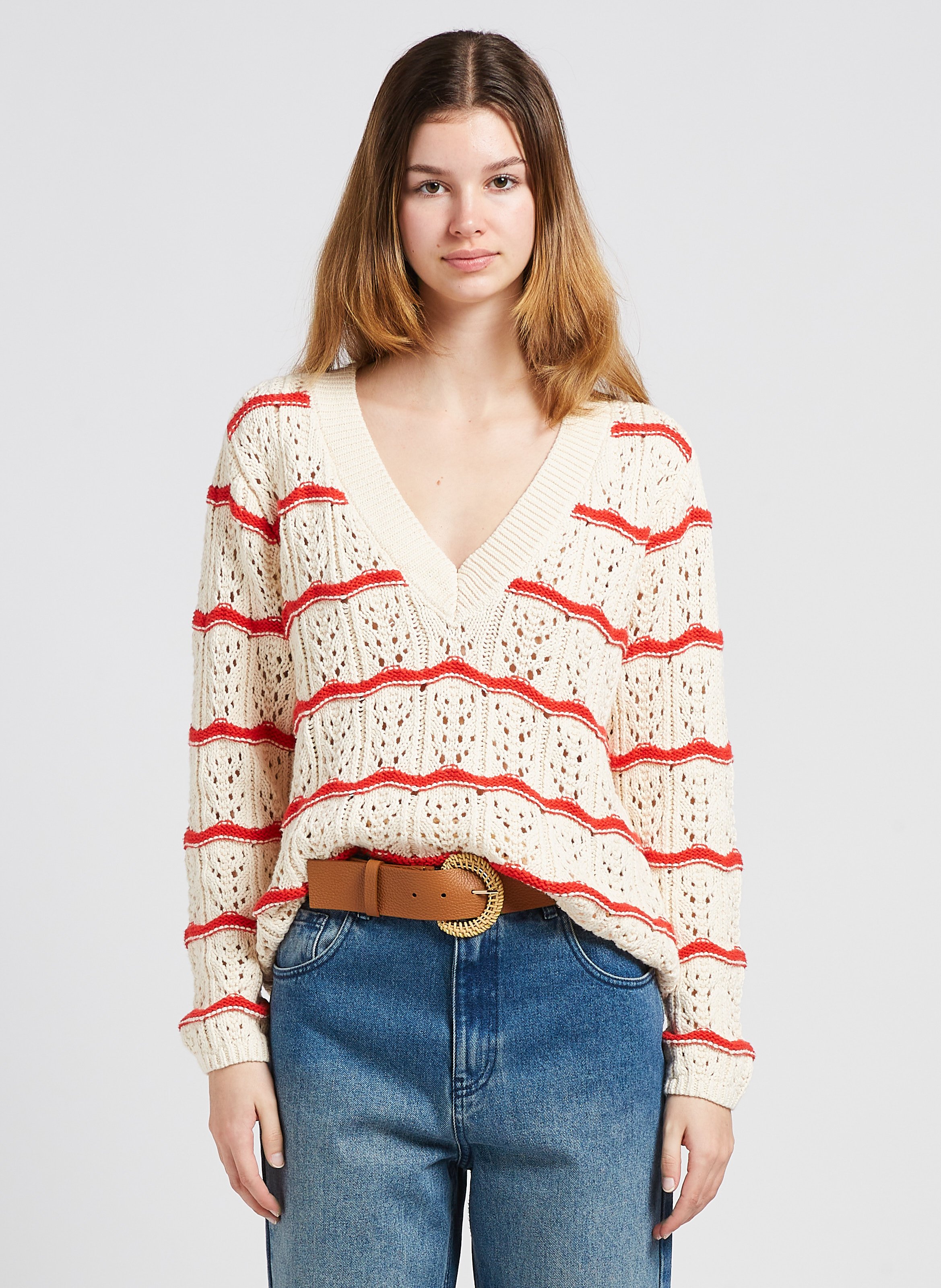 Gestreepte, Katoenen Trui Met V-hals Birch Vila - Dames - 14085957-13 ...