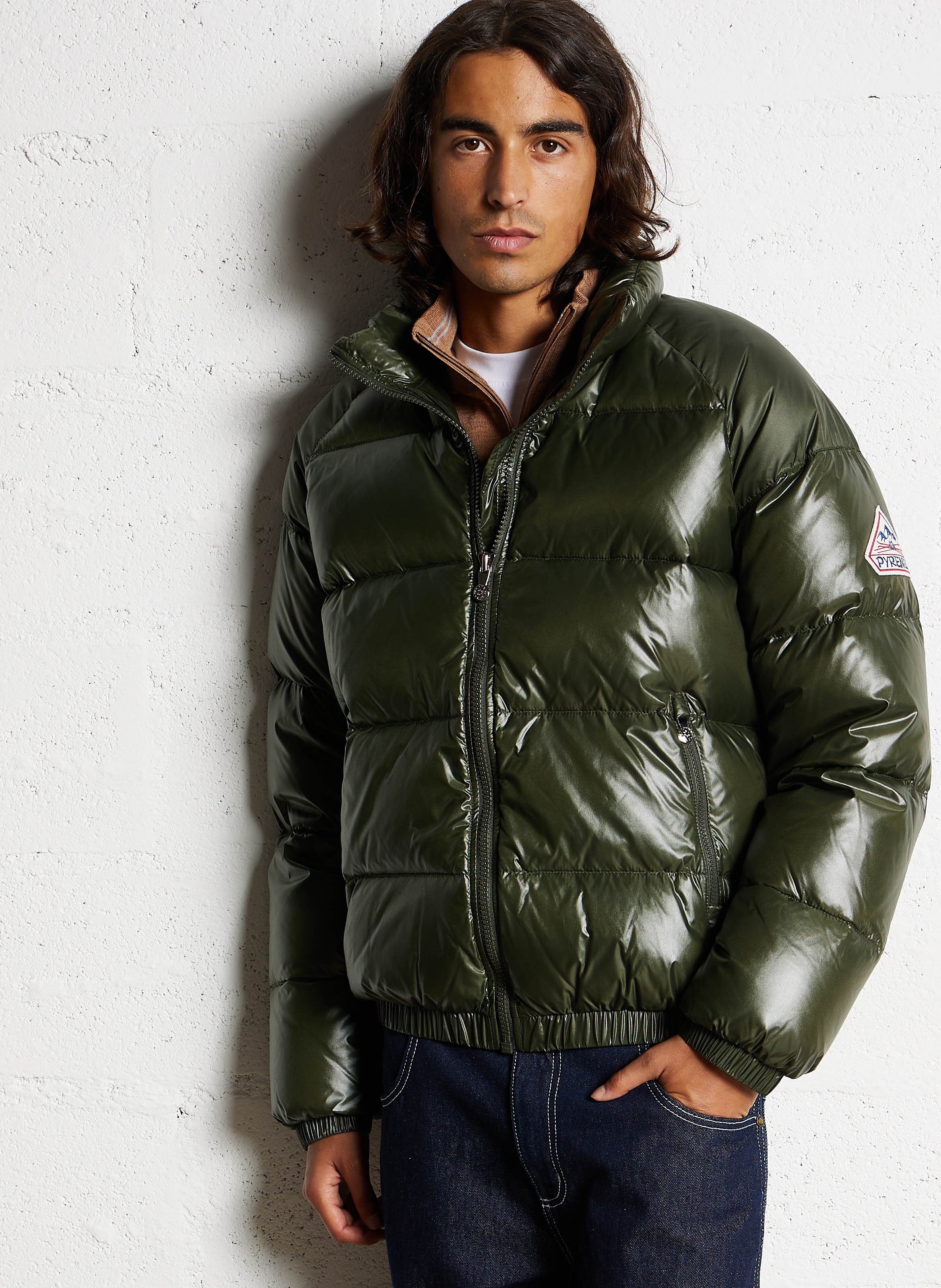 Straight Puffer Jacket With High Collar In Recycled Fibers Deep Khaki ...