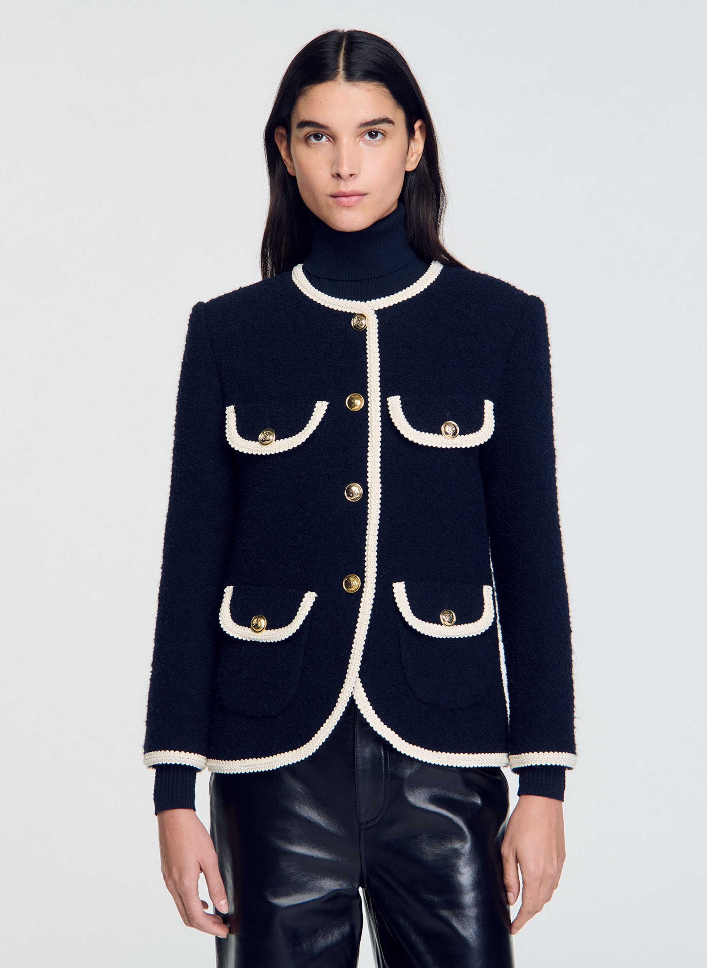 Straight round-neck tweed jacket Marine Sandro - Women SFPVE01049 ...