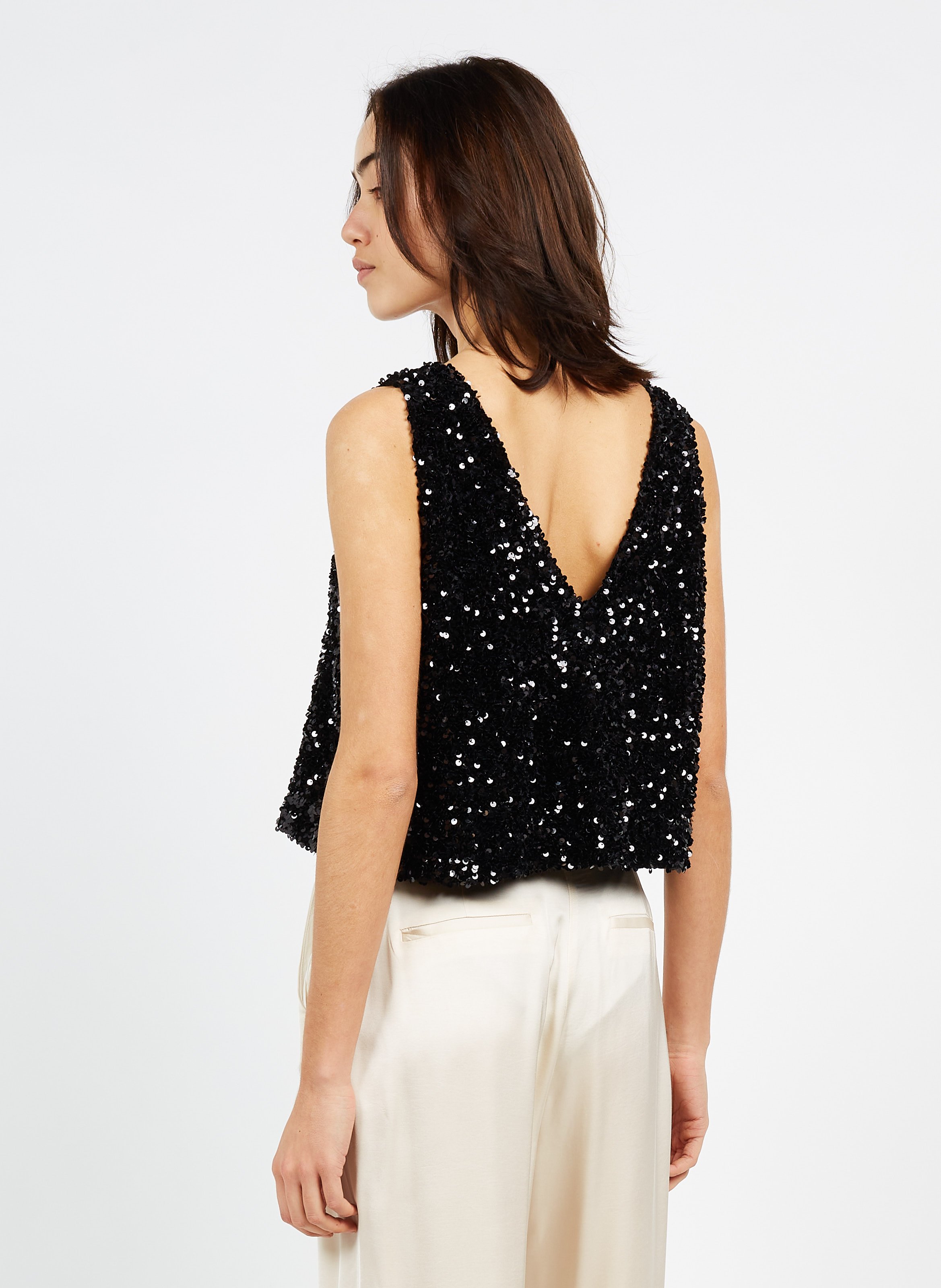 V-neck Sequined Top Noir Rosae Paris - Women | Place des Tendances