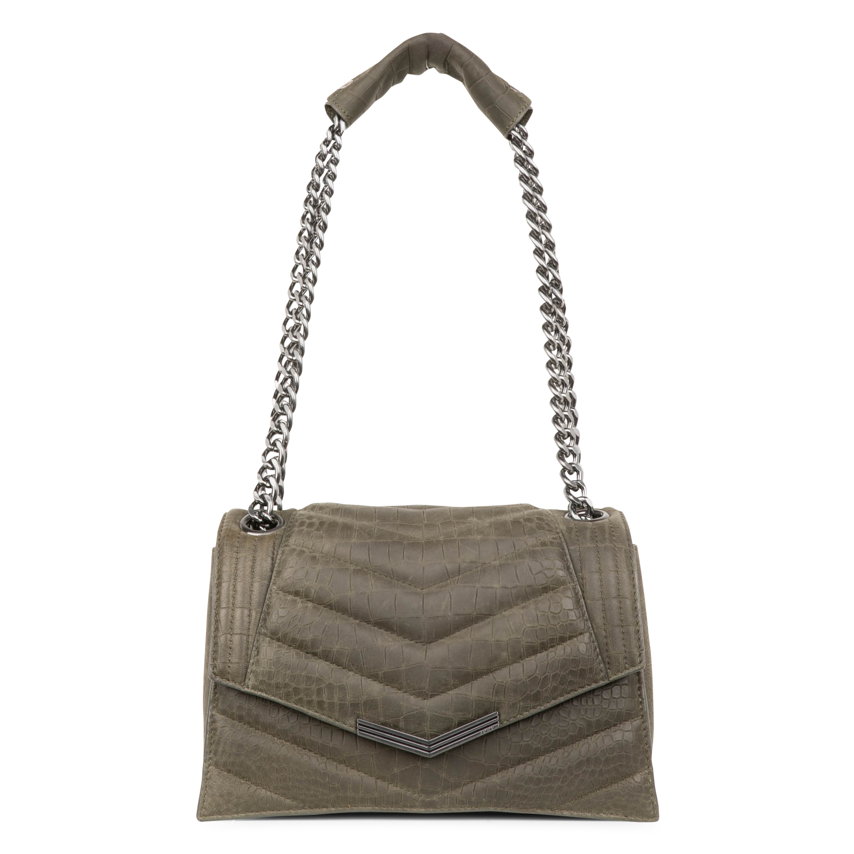 Medium-sized Worn Crocodile Effect Leather Bag Kaki Ikks - Women ...