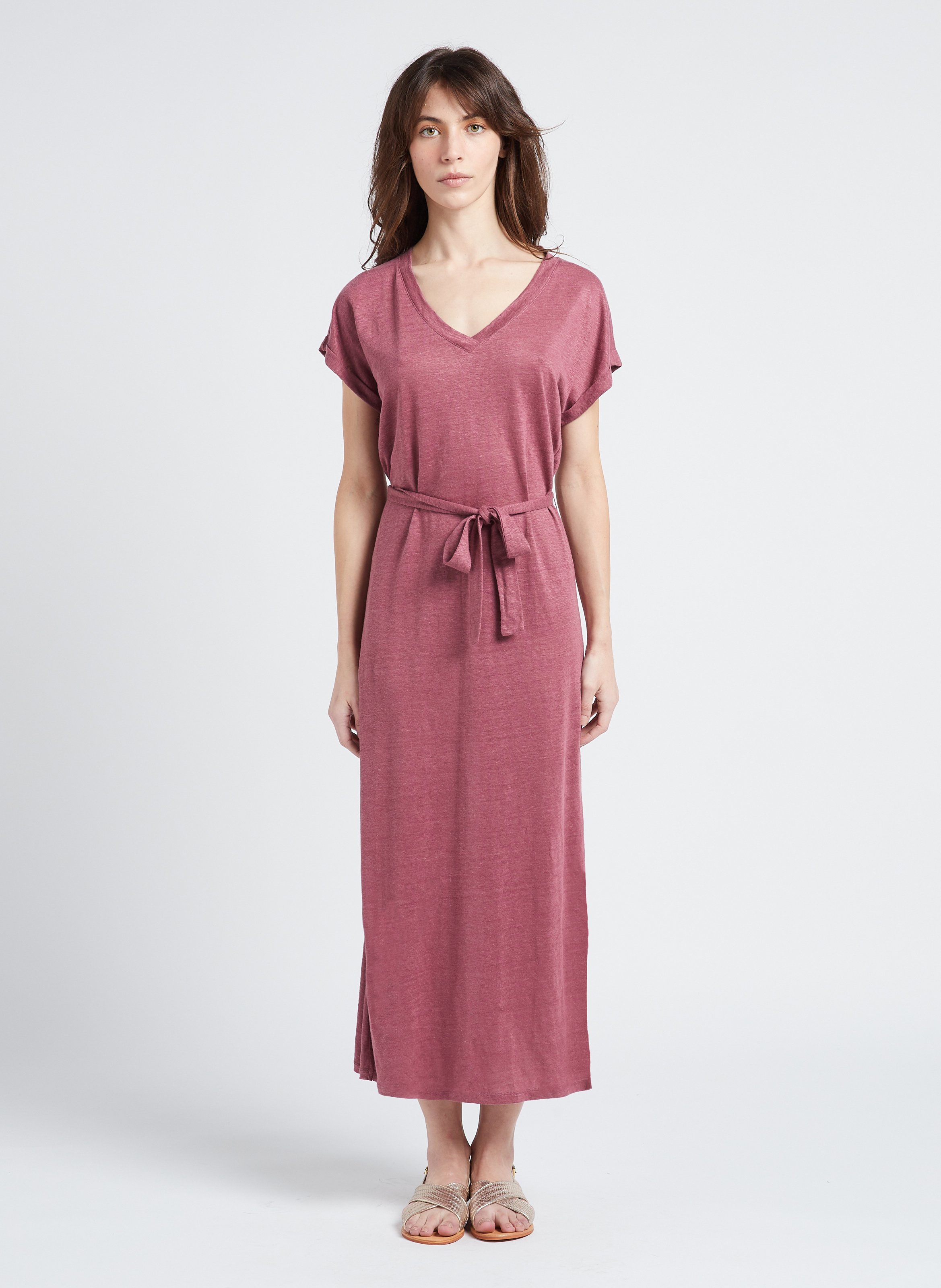 Long Linen V-neck Dress With Belt Acai Des Petits Hauts - Women ...