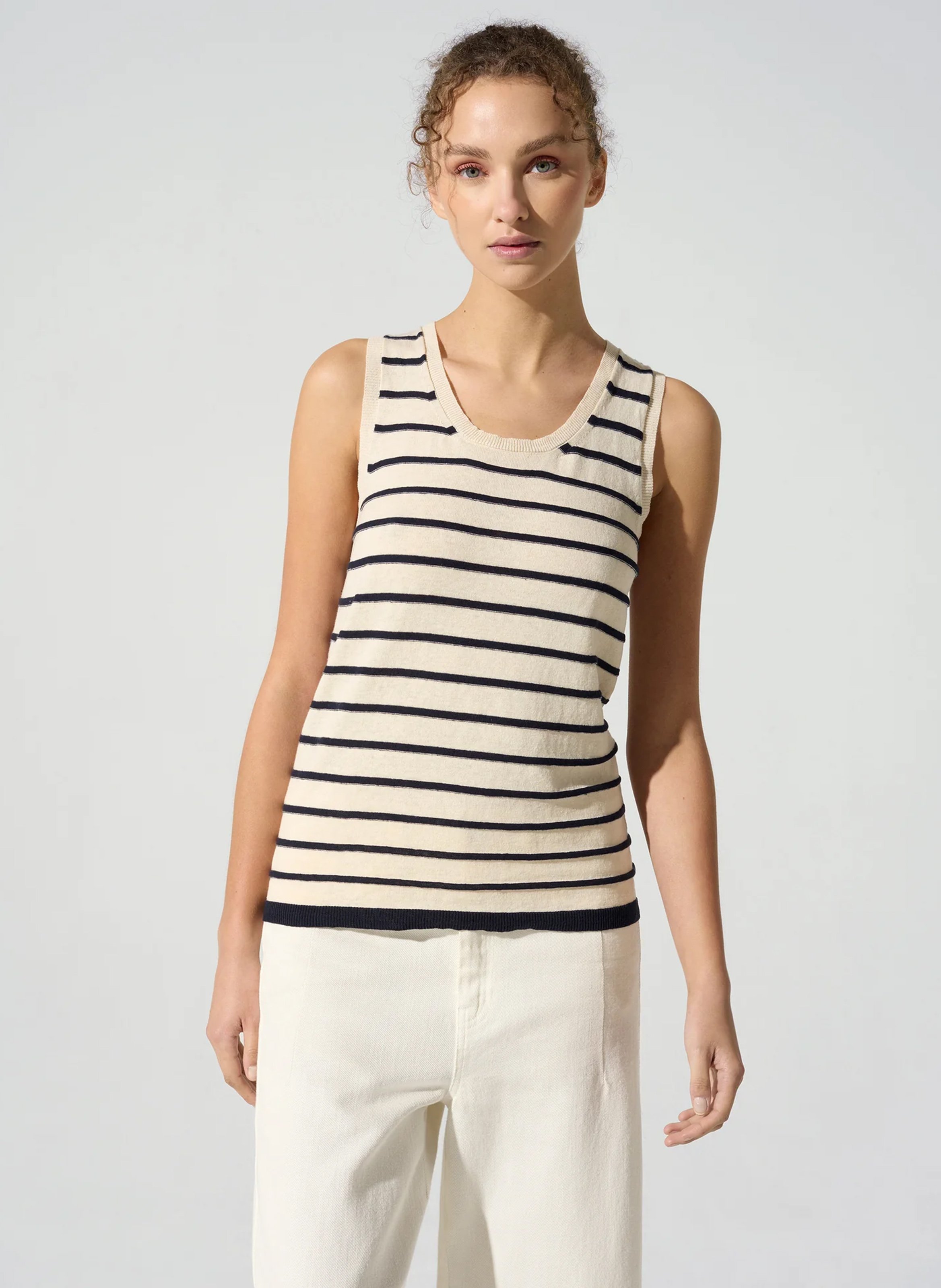 Straight round neck tank top in blended cotton Rayure naturelle Acote ...