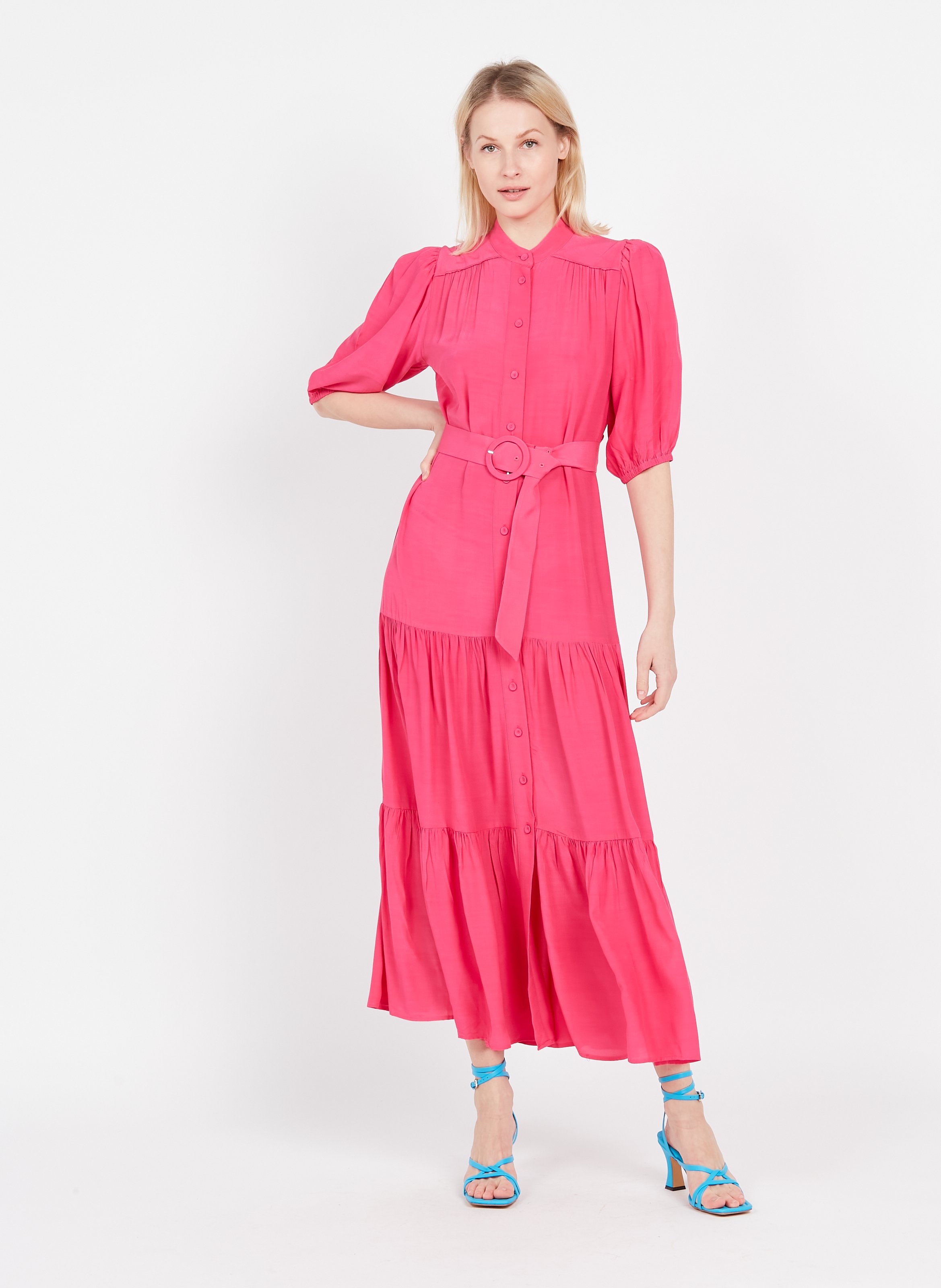 Robe Longue Col Mao Fuchsia Suncoo - Femme | Place des Tendances