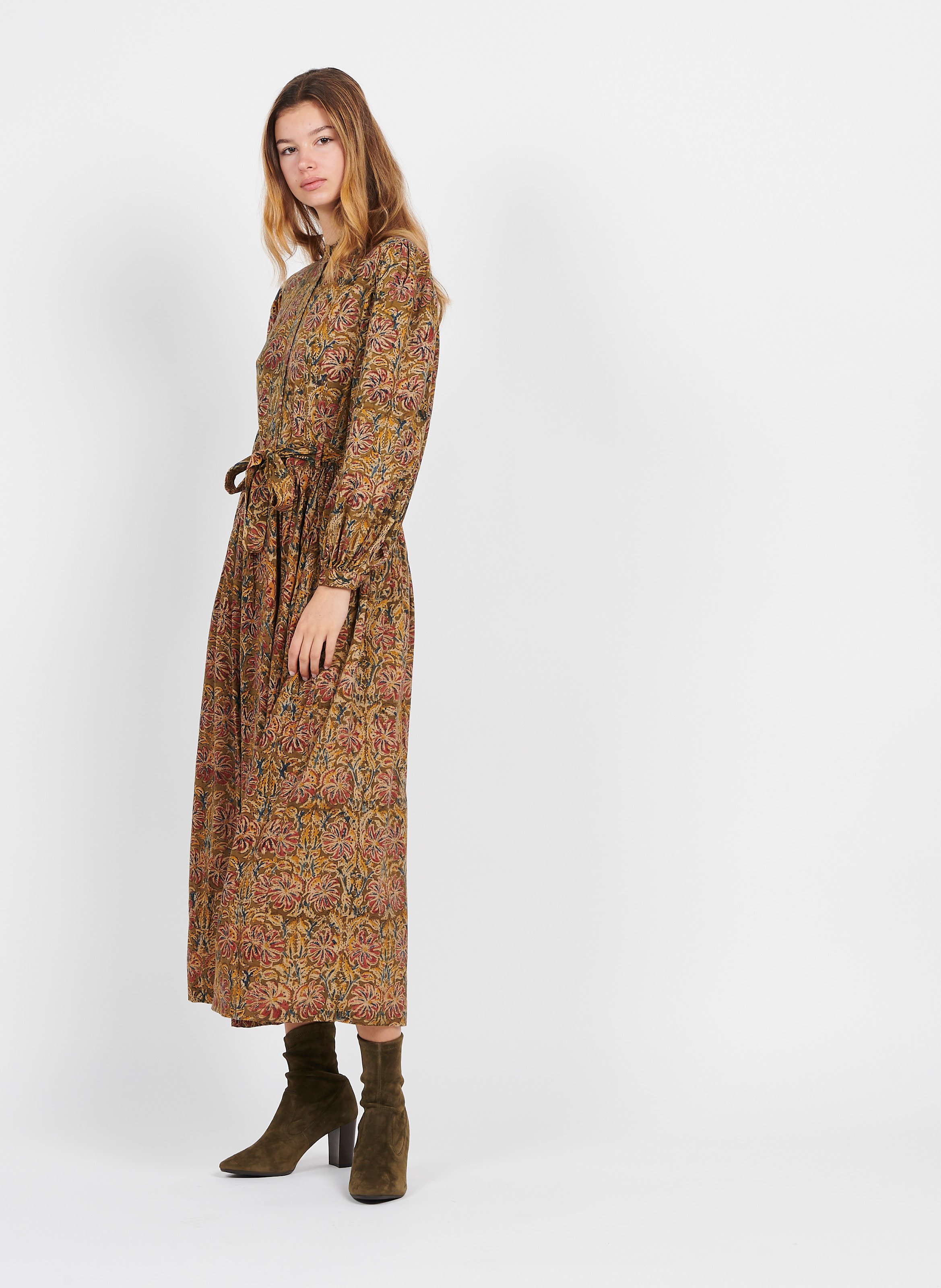 Robe Longue Col Rond Imprimée En Coton Ajrak Ajrak Print Brown V De ...
