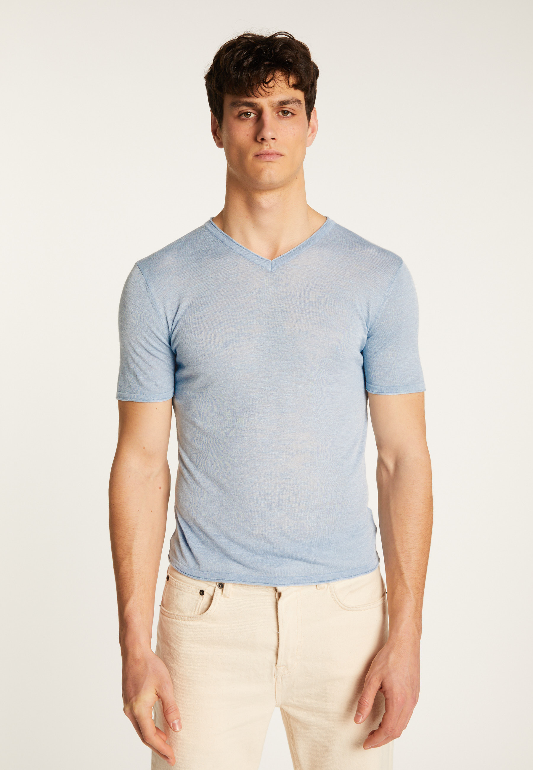 T-shirt col v en lin flammé Reuben 77-bleu ciel Maison Montagut - Homme ...