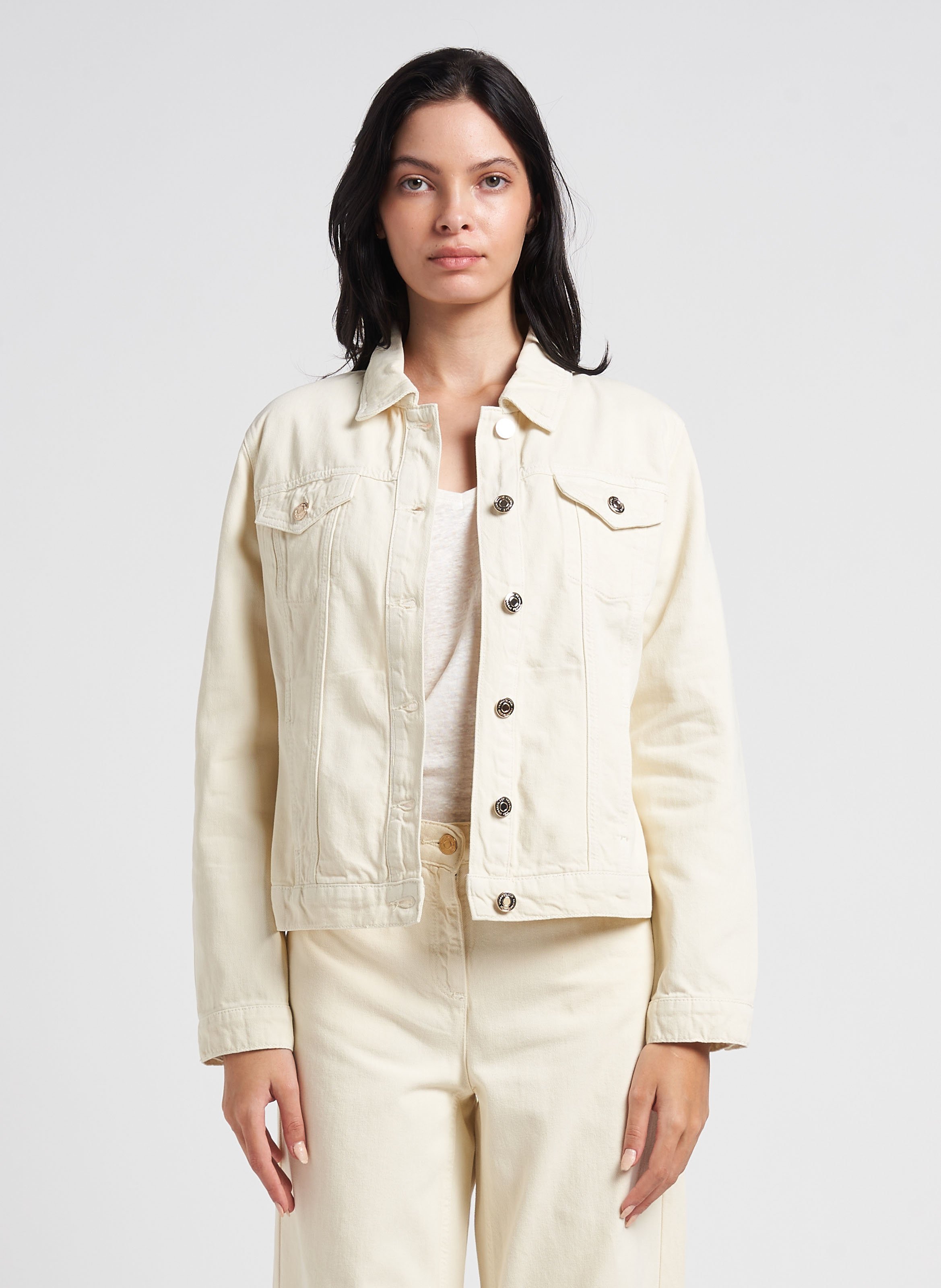 Cotton Denim Jacket With Classic Collar Ivory Pennyblack - Women ...
