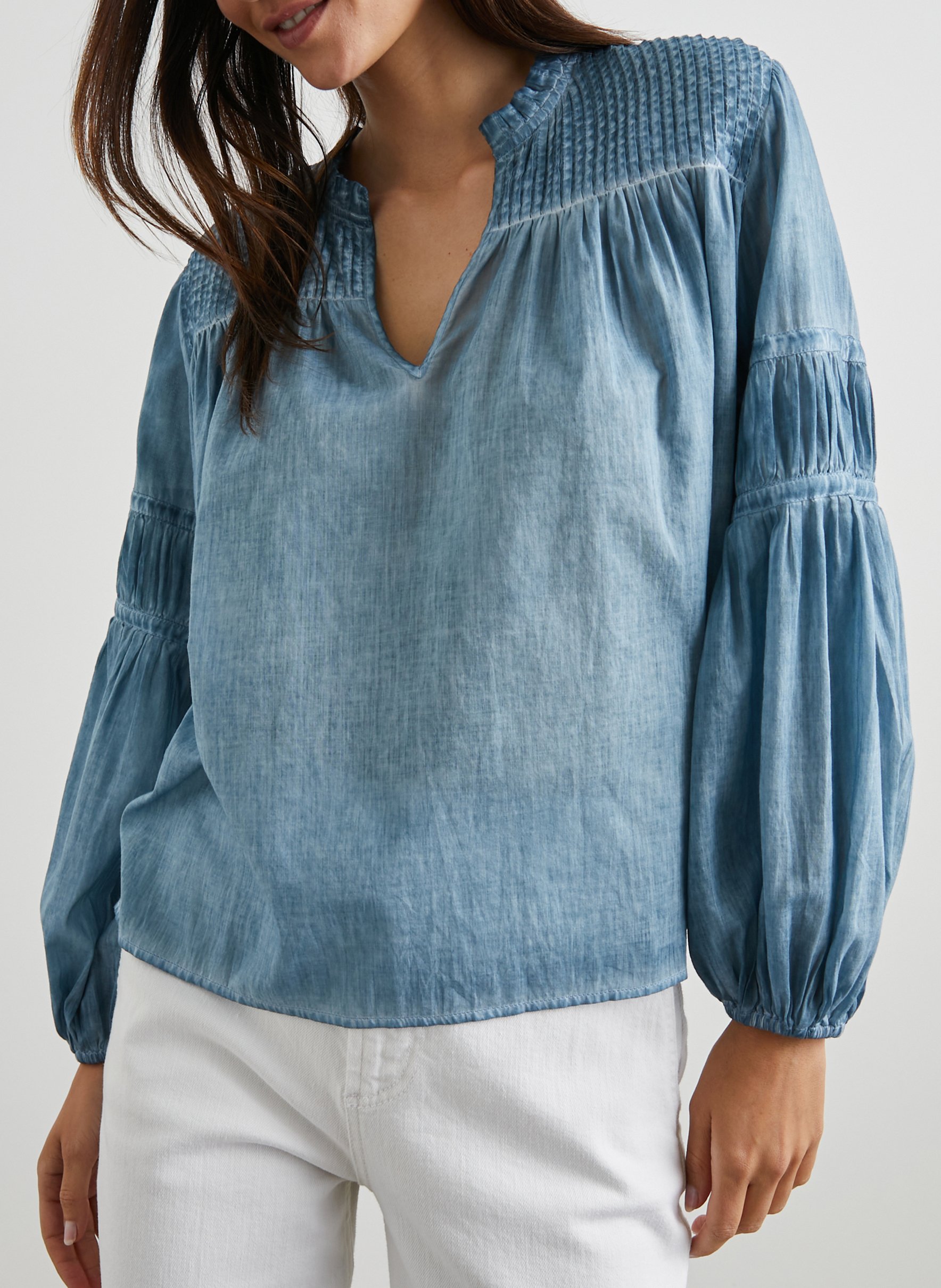 Blouse Ample Froncée En Coton Marli Faded Blue Rails - Femme - 638A ...