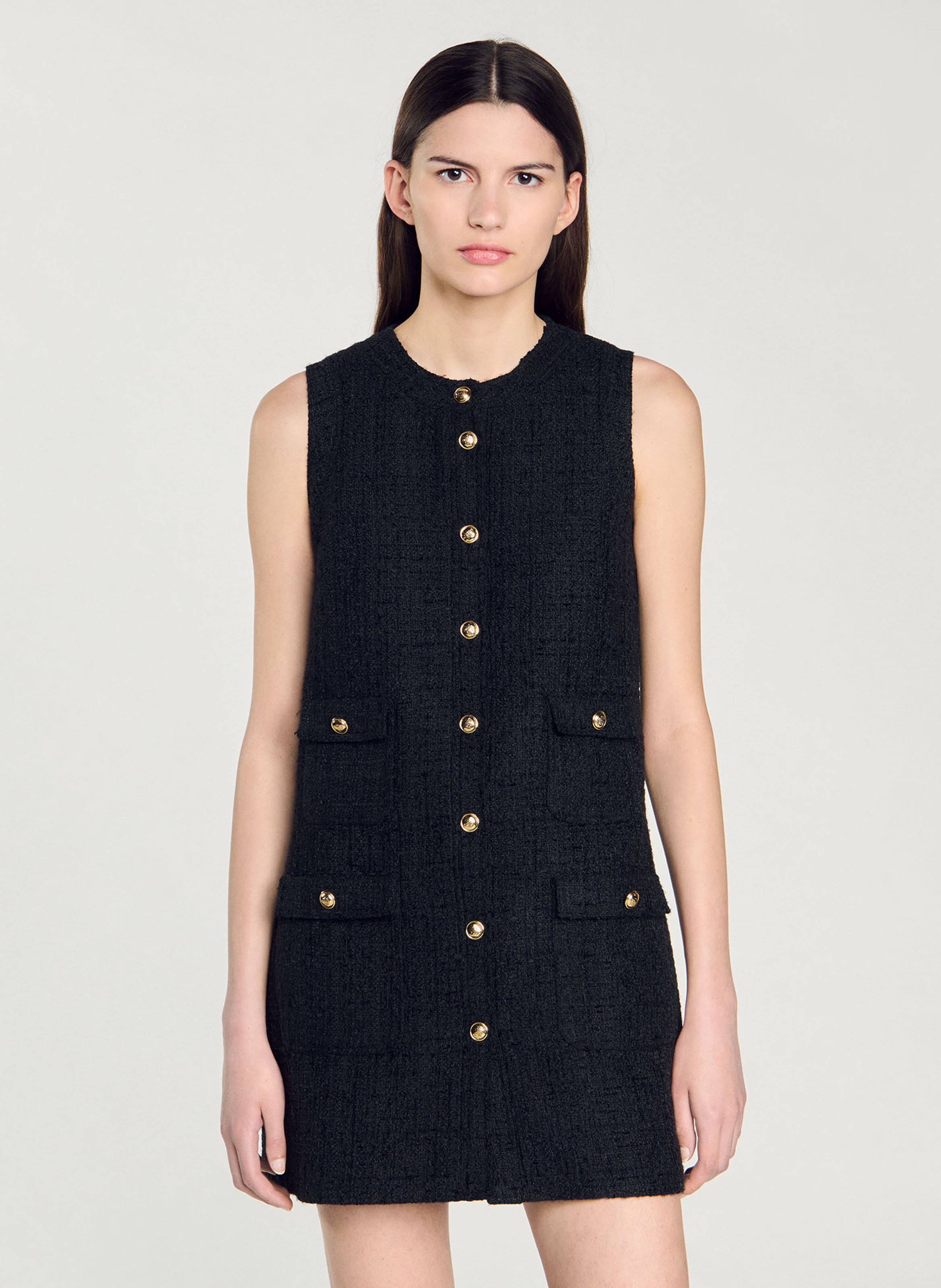 Robe courte col rond en tweed Noir Sandro - Femme SFPRO04000 | Place ...